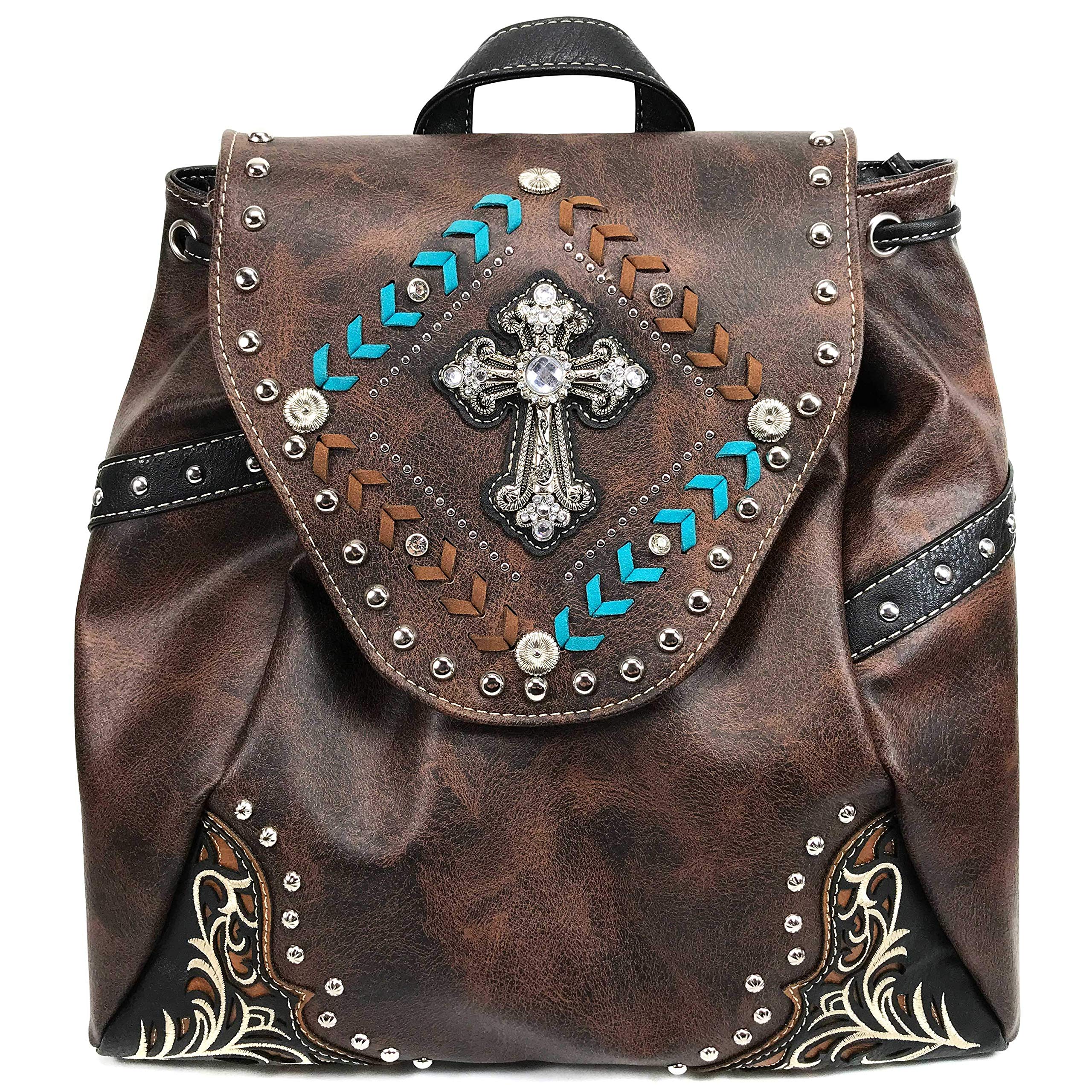 Zelris Western Country Cross Chevron Design Square Rucksack Backpack with Matching Wallet Set (Brown Turquoise)