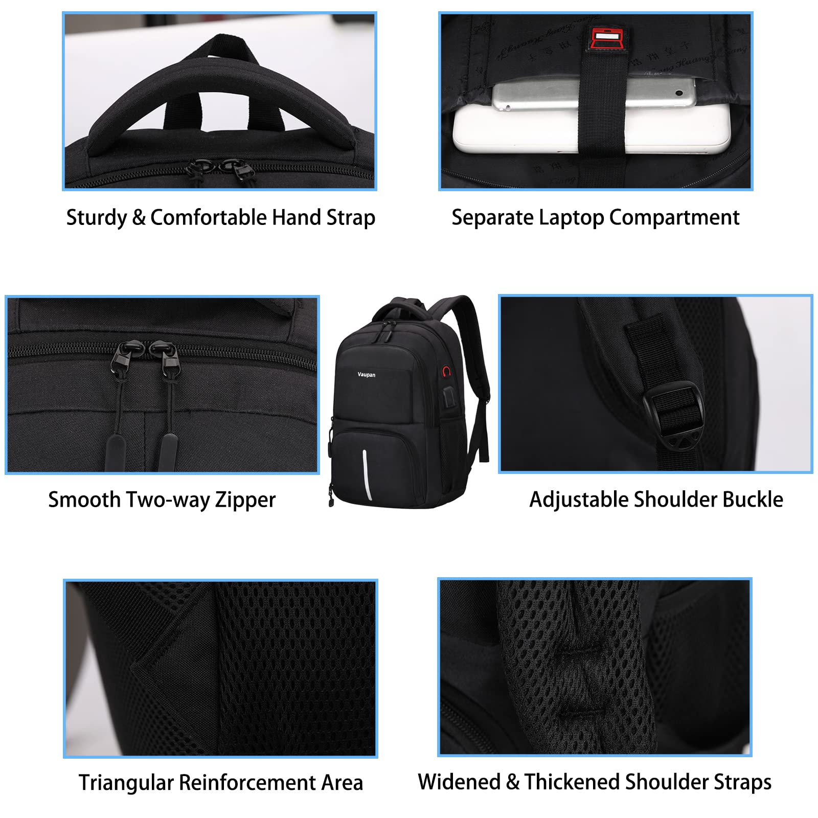 Vaupan Travel Backpack, Black Laptop Backpack with USB Charging Headphone Port for Men Womens Boys Girls, Anti Theft Water Resistant College School Bookbag Computer Backpack Fits 15.6 Inch Notebook