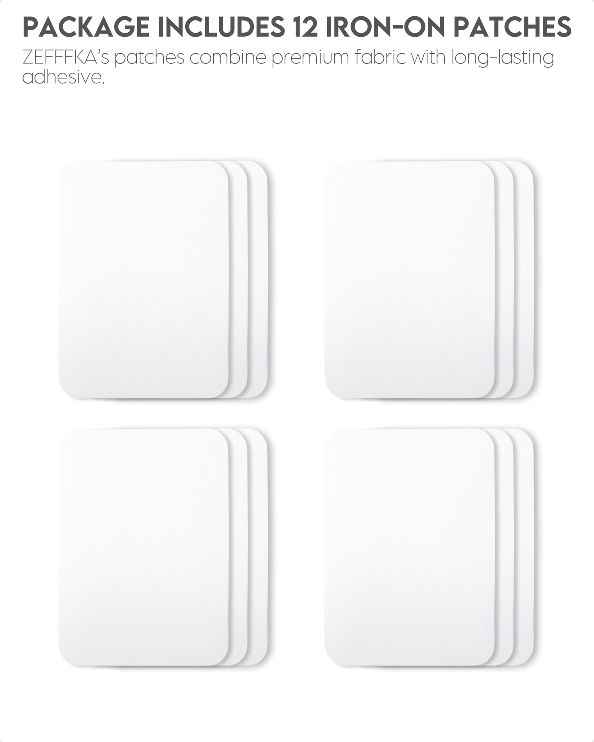 ZEFFFKA Premium Quality Fabric Iron-on Patches Inside & Outside Strongest Glue 100% Cotton White Repair Decorating Kit 12 Pieces Size 3" by 4-1/4" (7.5 cm x 10.5 cm)