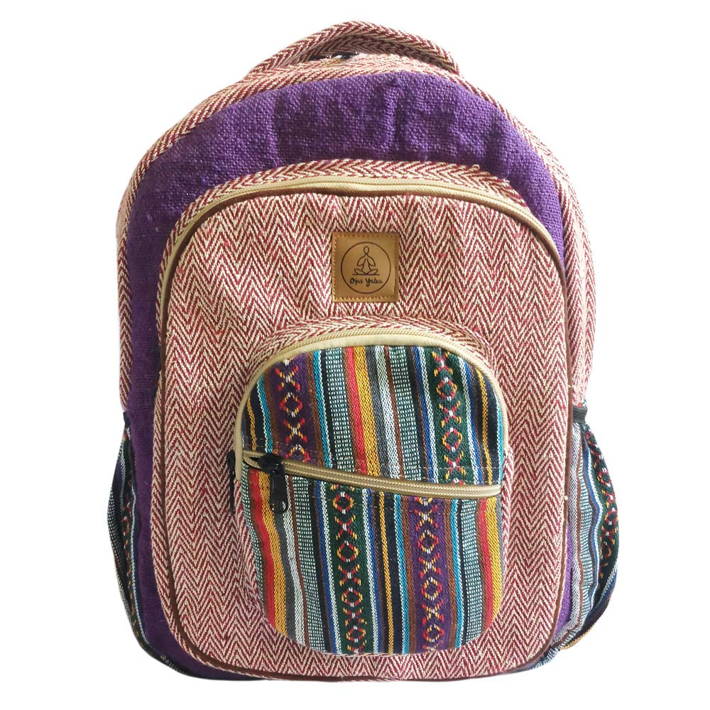 Ojas Yatra Large Hemp Backpack - Handmade Pure Hemp Bags for Women & Men - Boho/Hippie Himalayan Bag for Travel & Festivals - Bohemian/Baja Aztec Purple Backpack