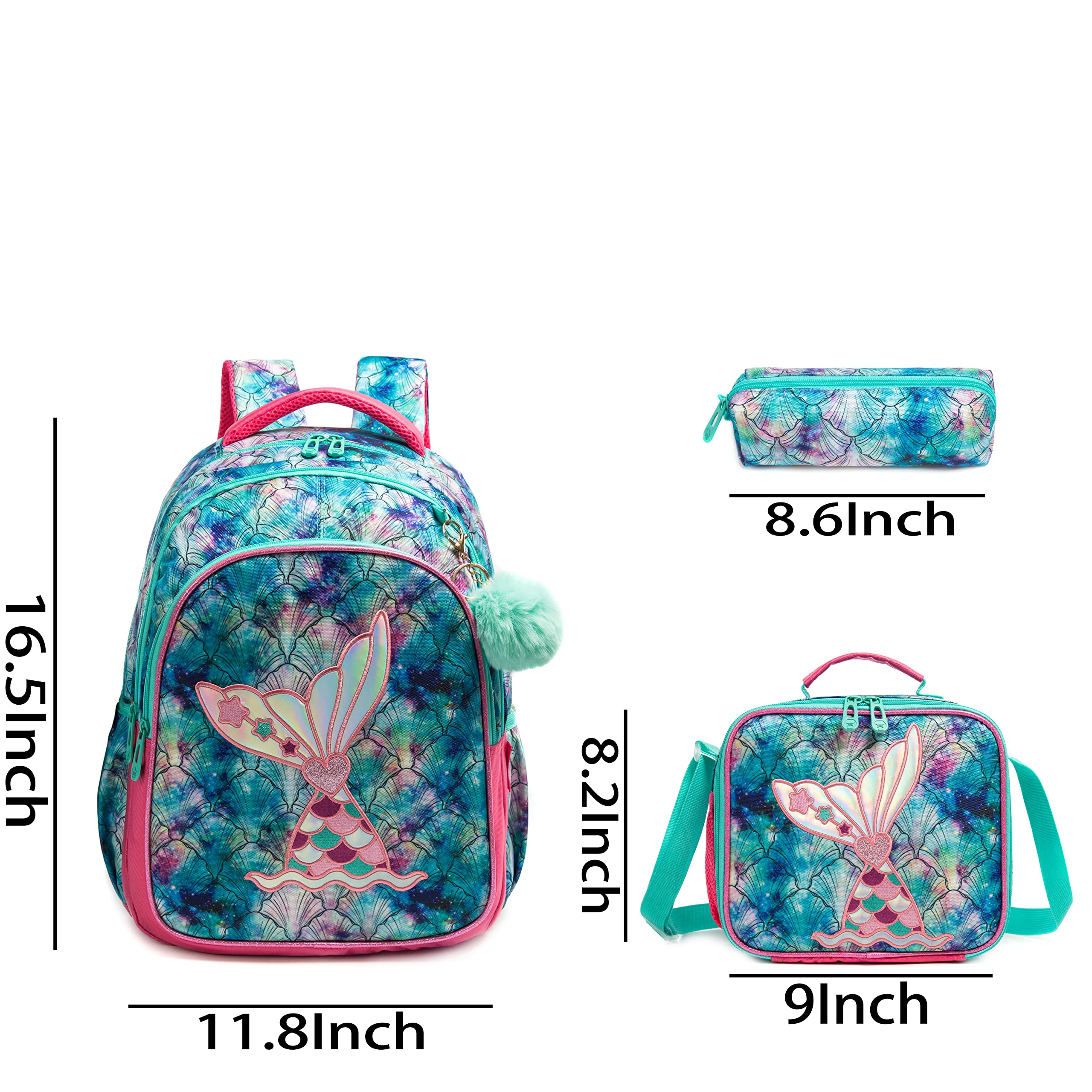 School Backpack for Girls Mermaid 3 in 1 Bookbag Kids Backpack for Girls Elementary Preschool Student