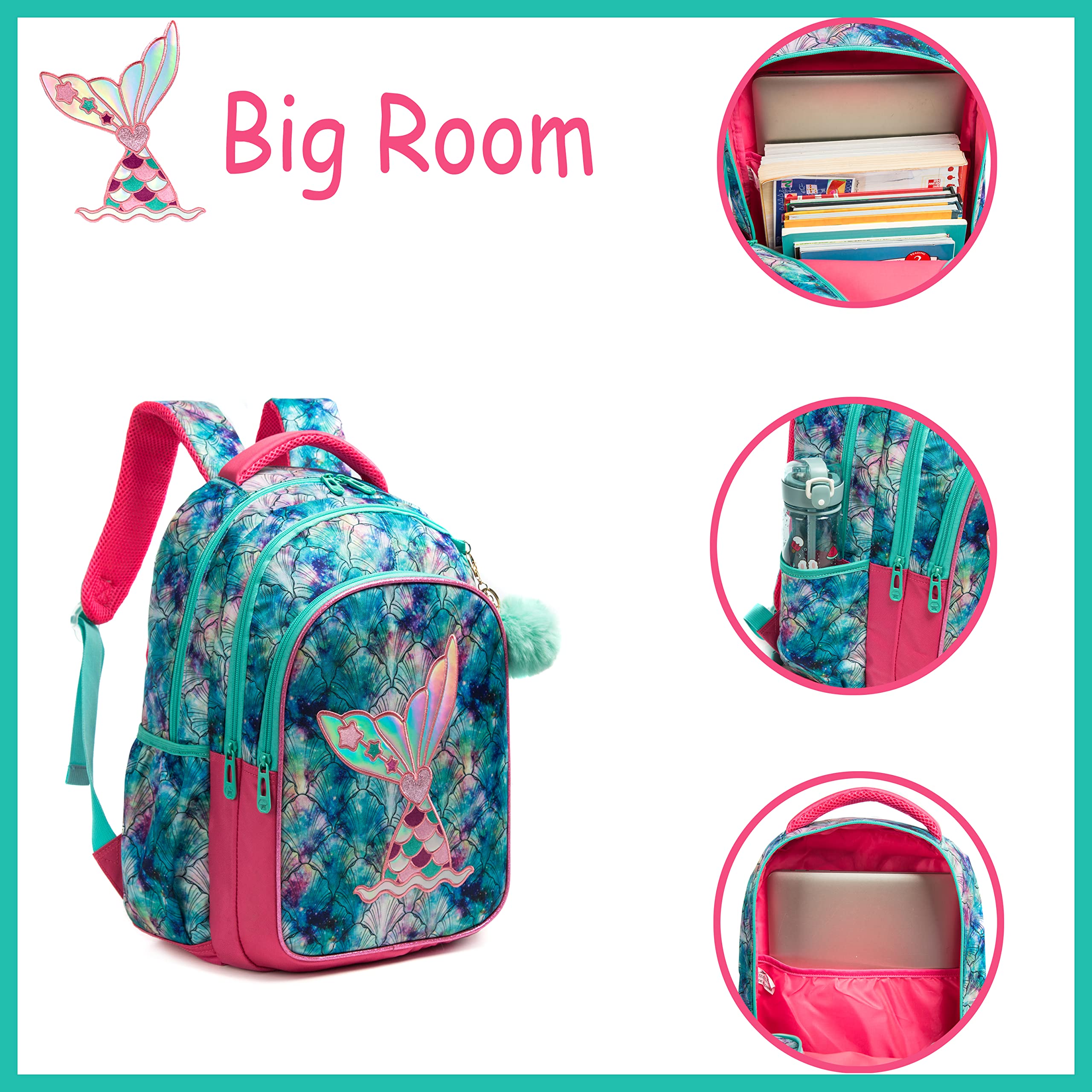 School Backpack for Girls Mermaid 3 in 1 Bookbag Kids Backpack for Girls Elementary Preschool Student