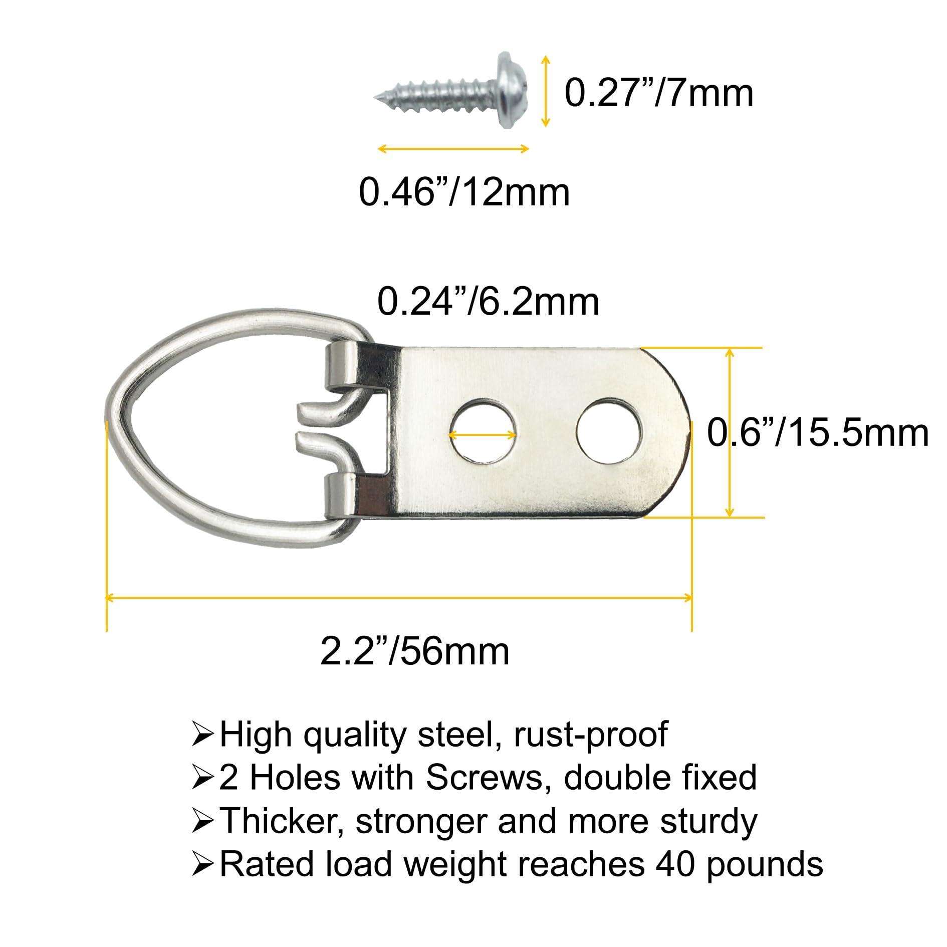 EesTeck 20 Pack D-Ring Steel Picture Hangers Heavy Duty with Screws Picture Frames Double Holes Clasp Picture Hang Solutions, for Hanging Clock Paintings Artwork Picture Frame Hook Photos Mirrors