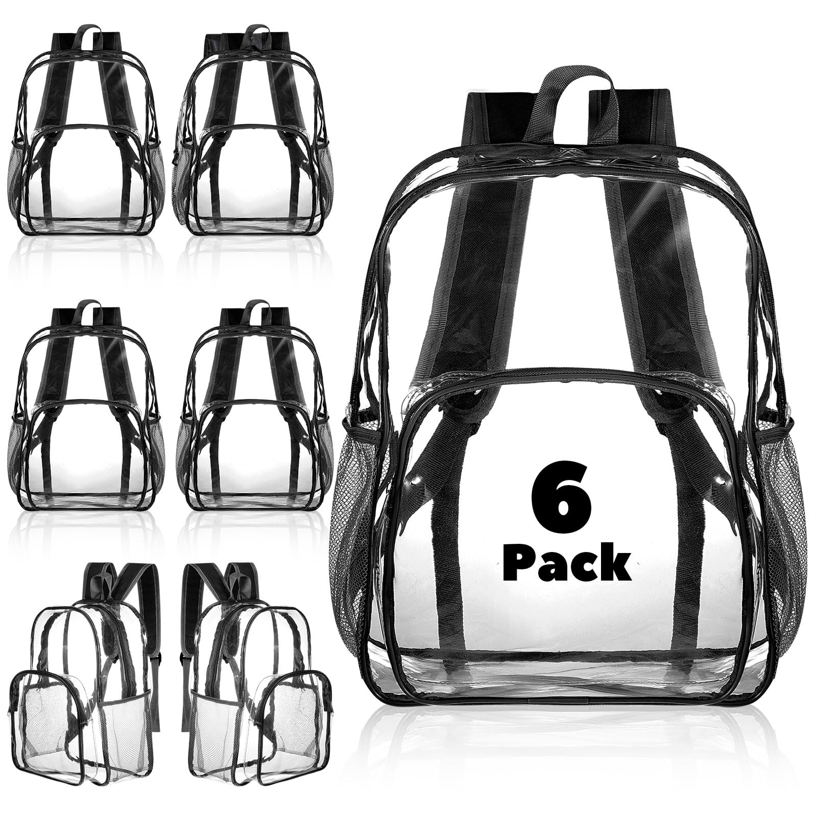 6 Pcs Clear Backpack for Stadium Approved Heavy Duty Clear Bookbags Rugby Game Transparent See Through Backpacks for Stadium Waterproof Concert Sports Work School Security