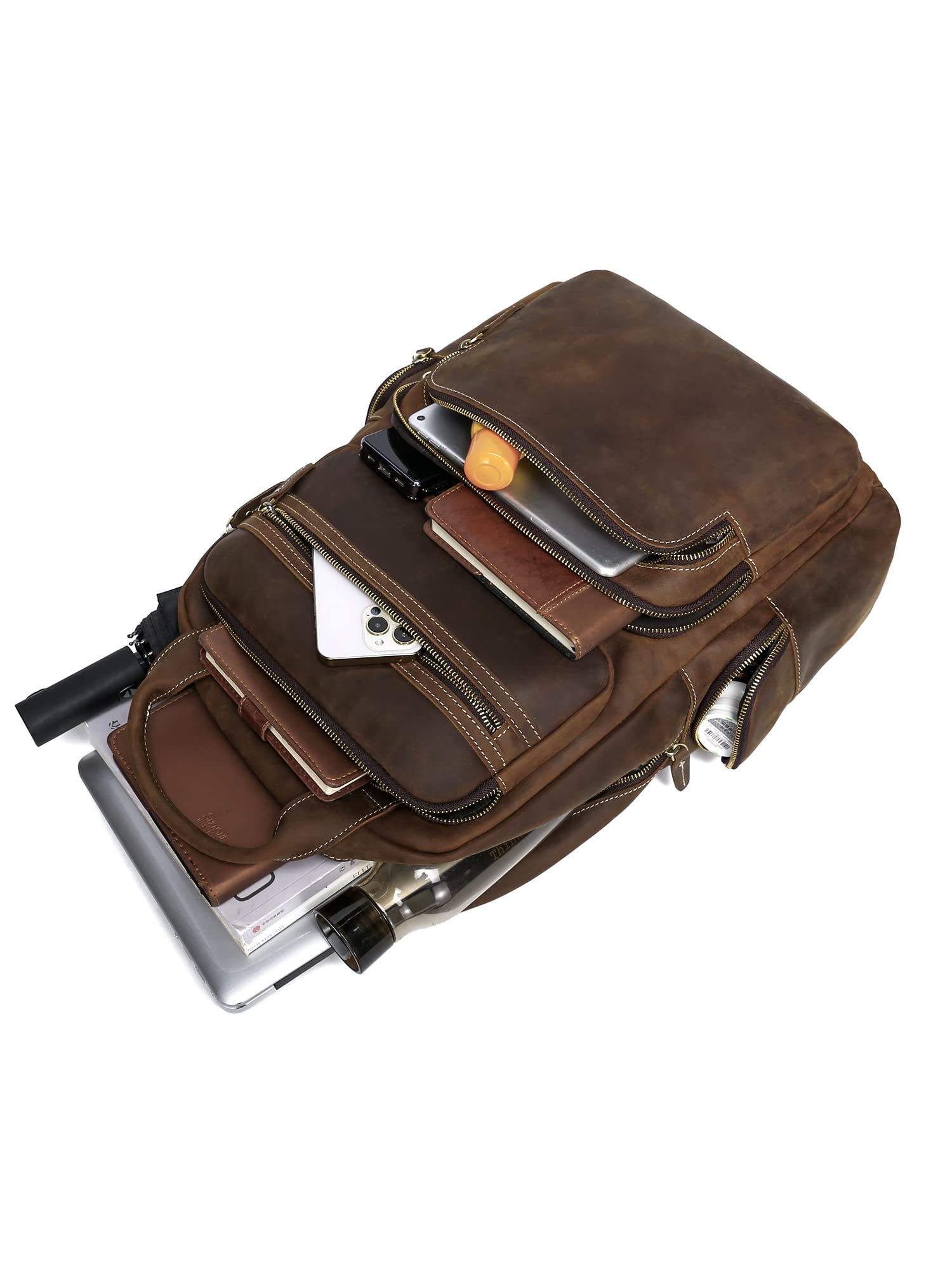 Taertii Vintage Full Grain Genuine Leather Backpack For Men 18'' Laptop Bag Large Capacity Business Weekender Travel Hiking Shoulder Daypacks Rucksack - Brown