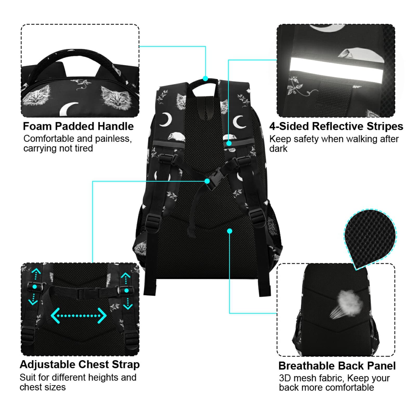 Children's School Bags, Skull Cat Moon School Backpacks, bookbag for Boys and Girls with Reflective Strips
