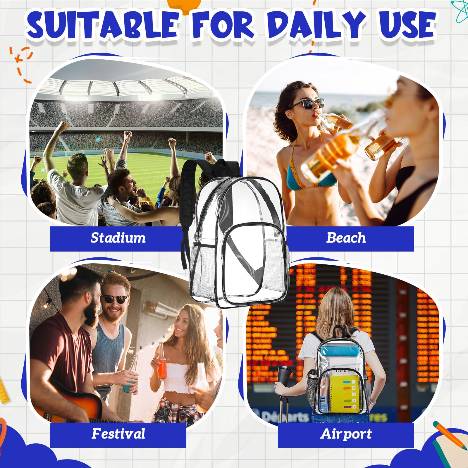 6 Pcs Clear Backpack for Stadium Approved Heavy Duty Clear Bookbags Rugby Game Transparent See Through Backpacks for Stadium Waterproof Concert Sports Work School Security