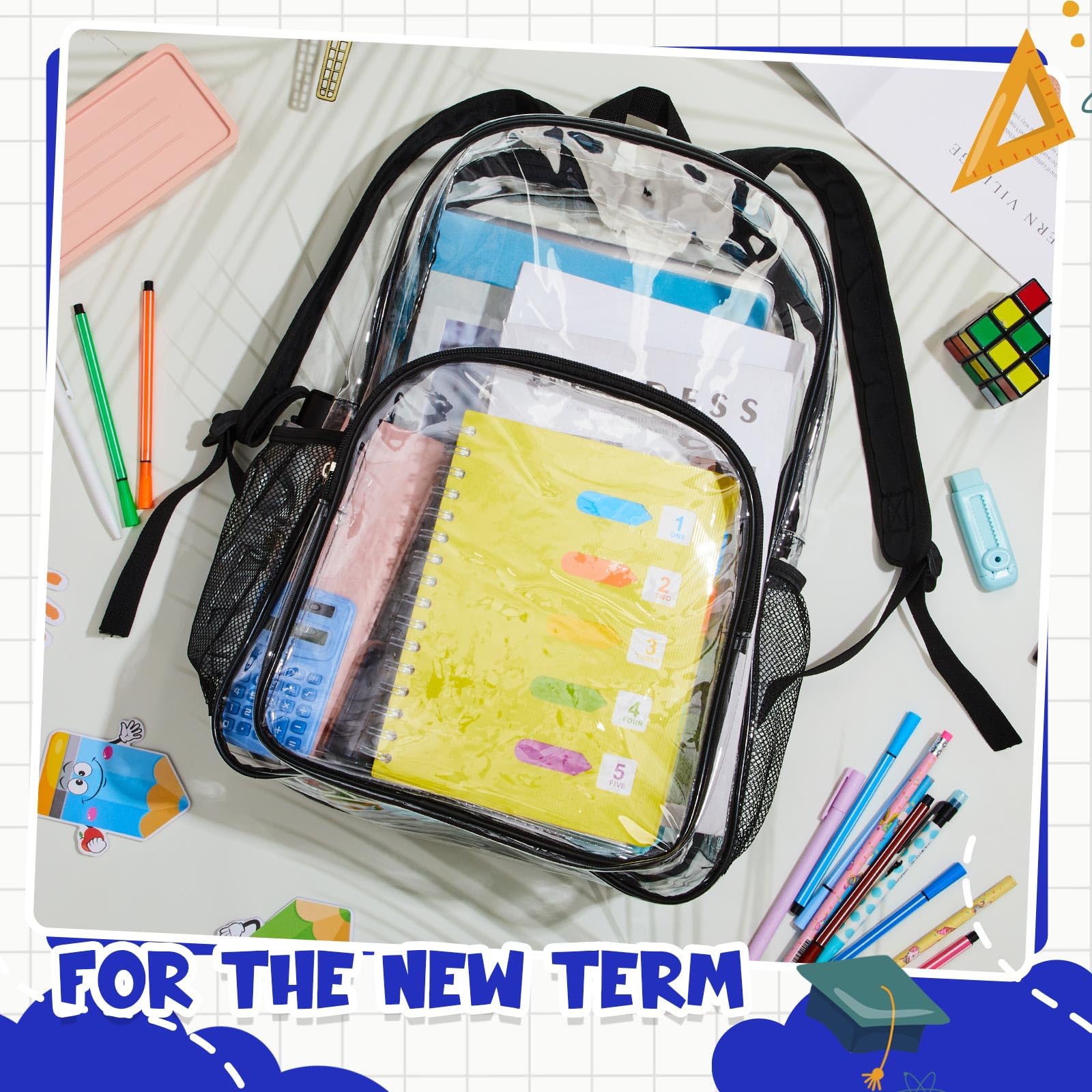 6 Pcs Clear Backpack for Stadium Approved Heavy Duty Clear Bookbags Rugby Game Transparent See Through Backpacks for Stadium Waterproof Concert Sports Work School Security