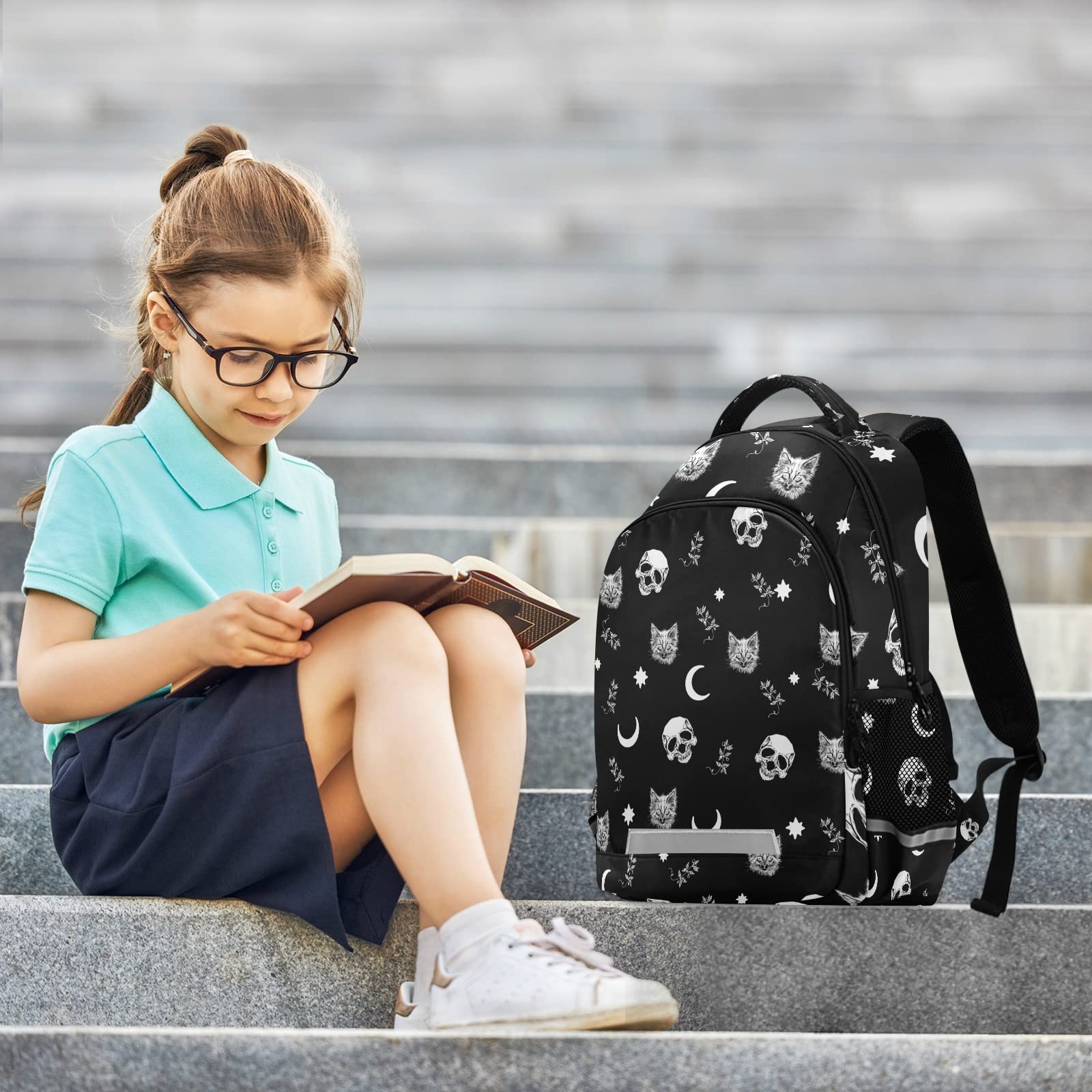 Children's School Bags, Skull Cat Moon School Backpacks, bookbag for Boys and Girls with Reflective Strips