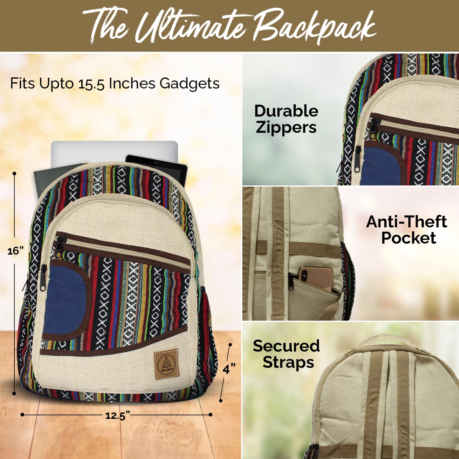 Ojas Yatra Pure Himalayan Hemp Backpack Large - Boho/Hippie Student Laptop Backpack for Women & Men - Handmade Notebook Bag for Travel & Festivals
