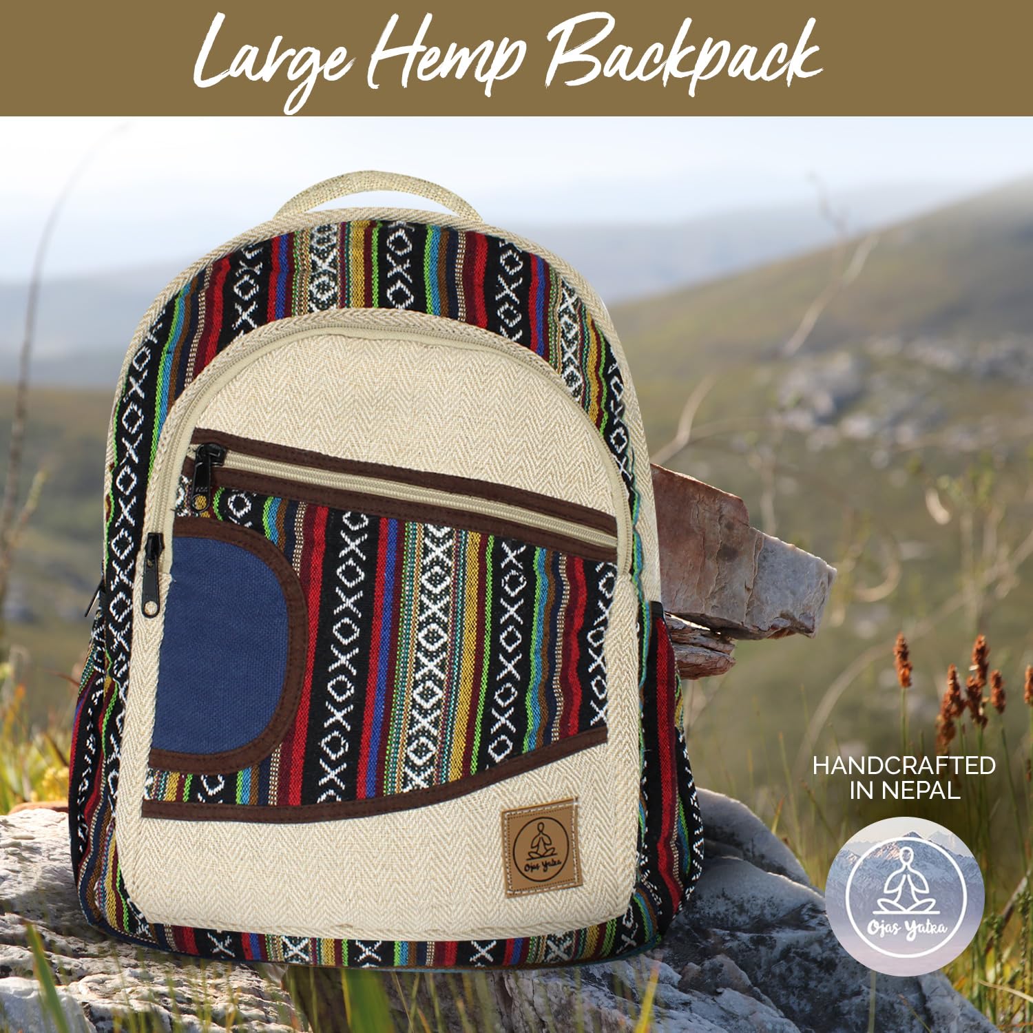 Ojas Yatra Pure Himalayan Hemp Backpack Large - Boho/Hippie Student Laptop Backpack for Women & Men - Handmade Notebook Bag for Travel & Festivals