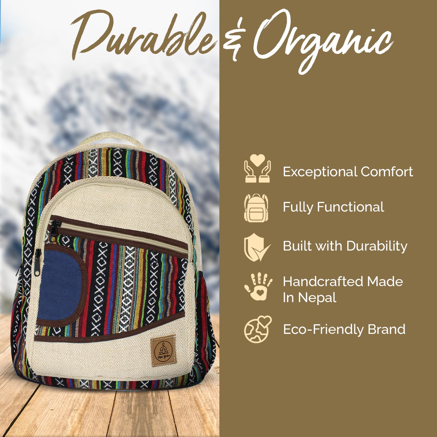 Ojas Yatra Pure Himalayan Hemp Backpack Large - Boho/Hippie Student Laptop Backpack for Women & Men - Handmade Notebook Bag for Travel & Festivals