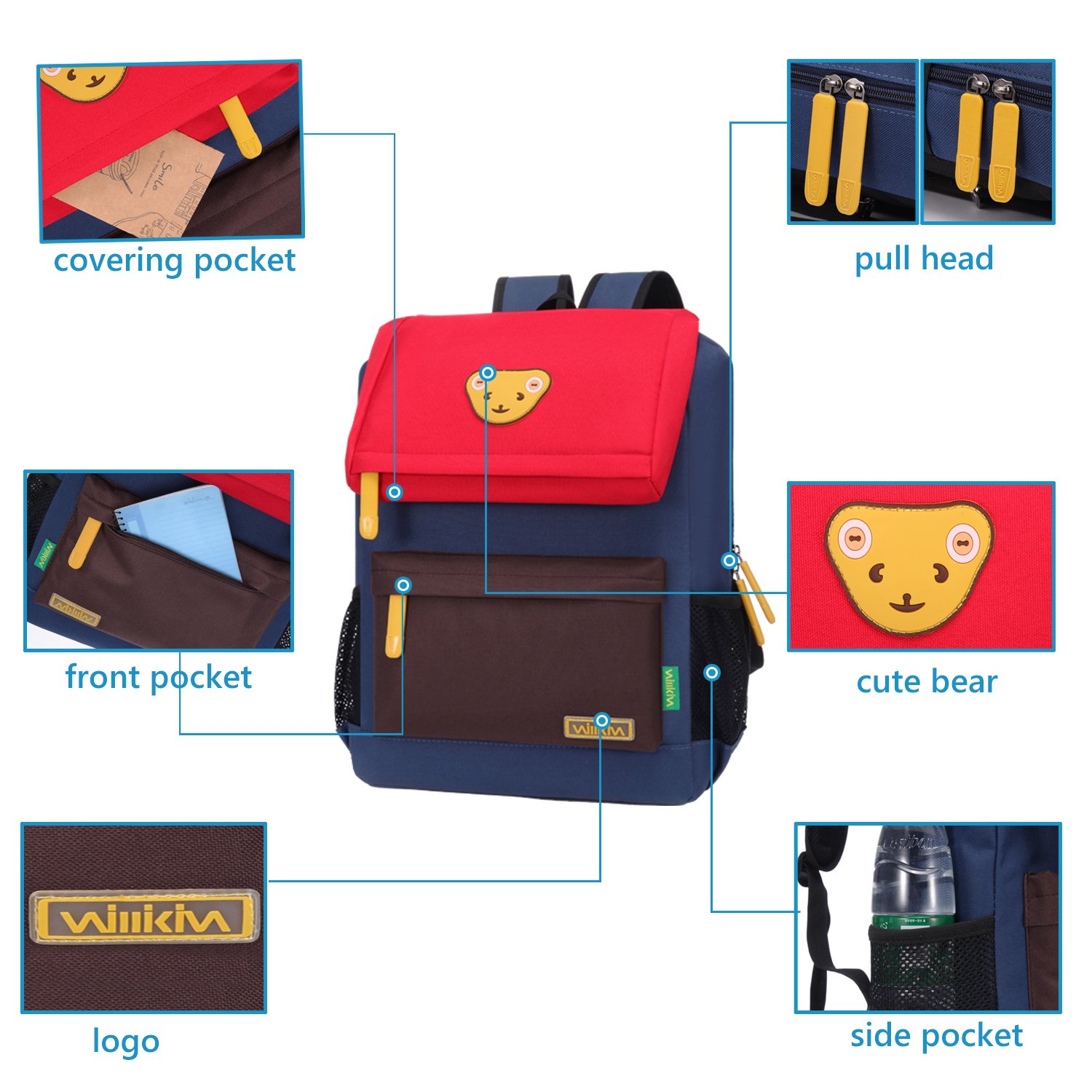 Willikiva Cute Bear Kids School Backpack for Children Elementary School Bags Girls Boys Bookbags (Red/Coffee/Royalblue, Small)