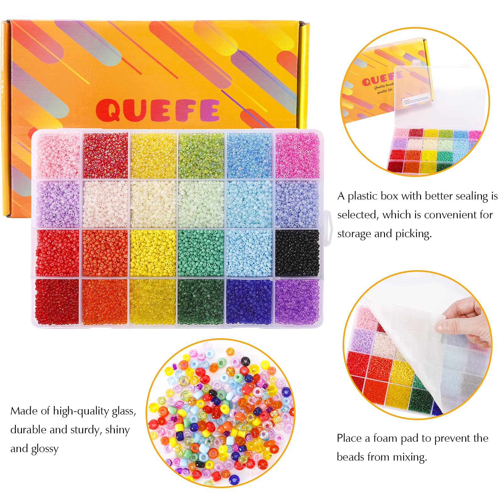Quefe 26400pcs 2mm Glass Seed Beads 24 Colors Small Beads Kit Bracelet Beads with 24-Grid Plastic Storage Box for Jewelry Making