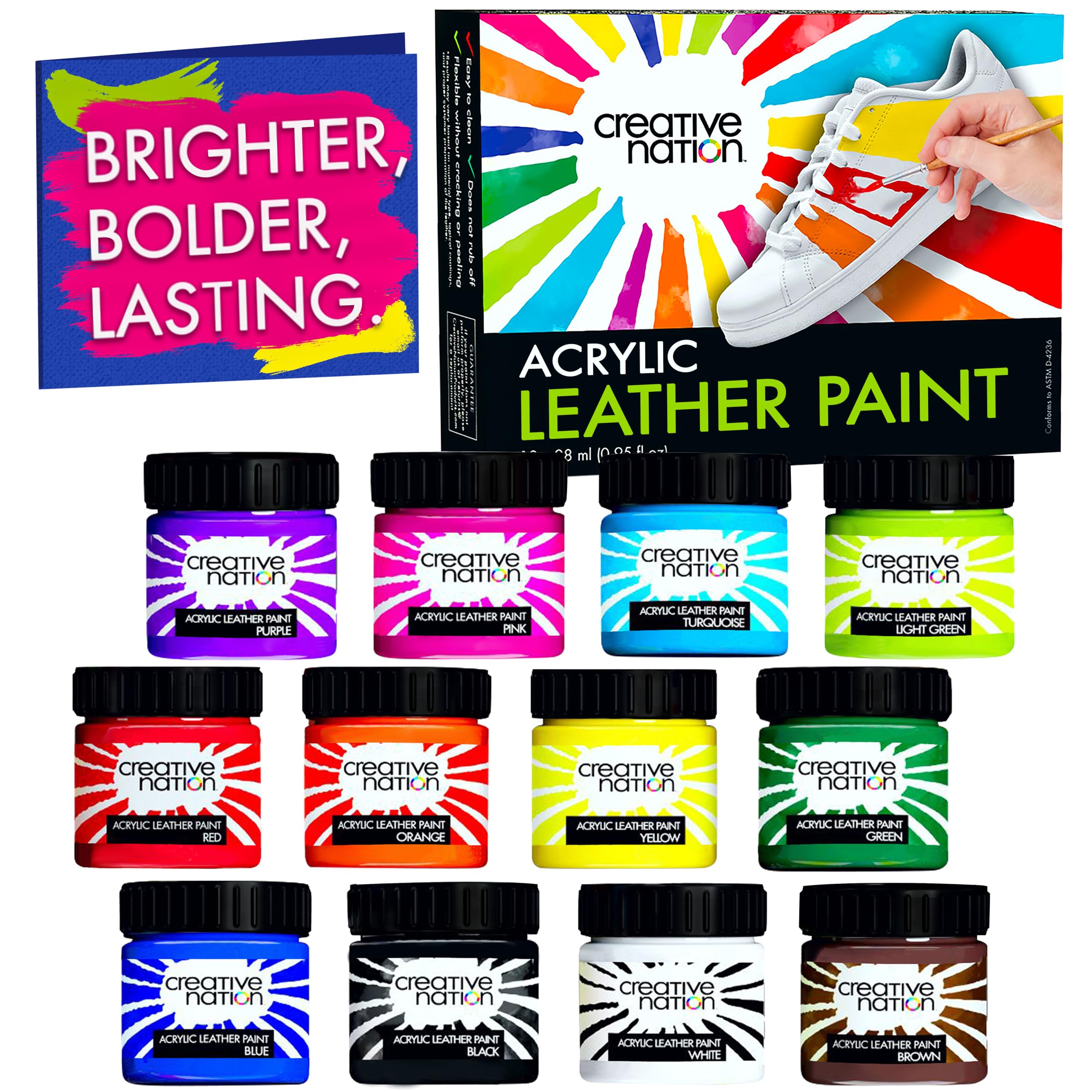Creative Nation 12-Pack Leather Paint for Sneakers & Leather Accessories - Premium Acrylic Shoe Paint Kit for Bags, Purses & More - Waterproof, Flexible, Long-Lasting Paints, 0.95 Oz.
