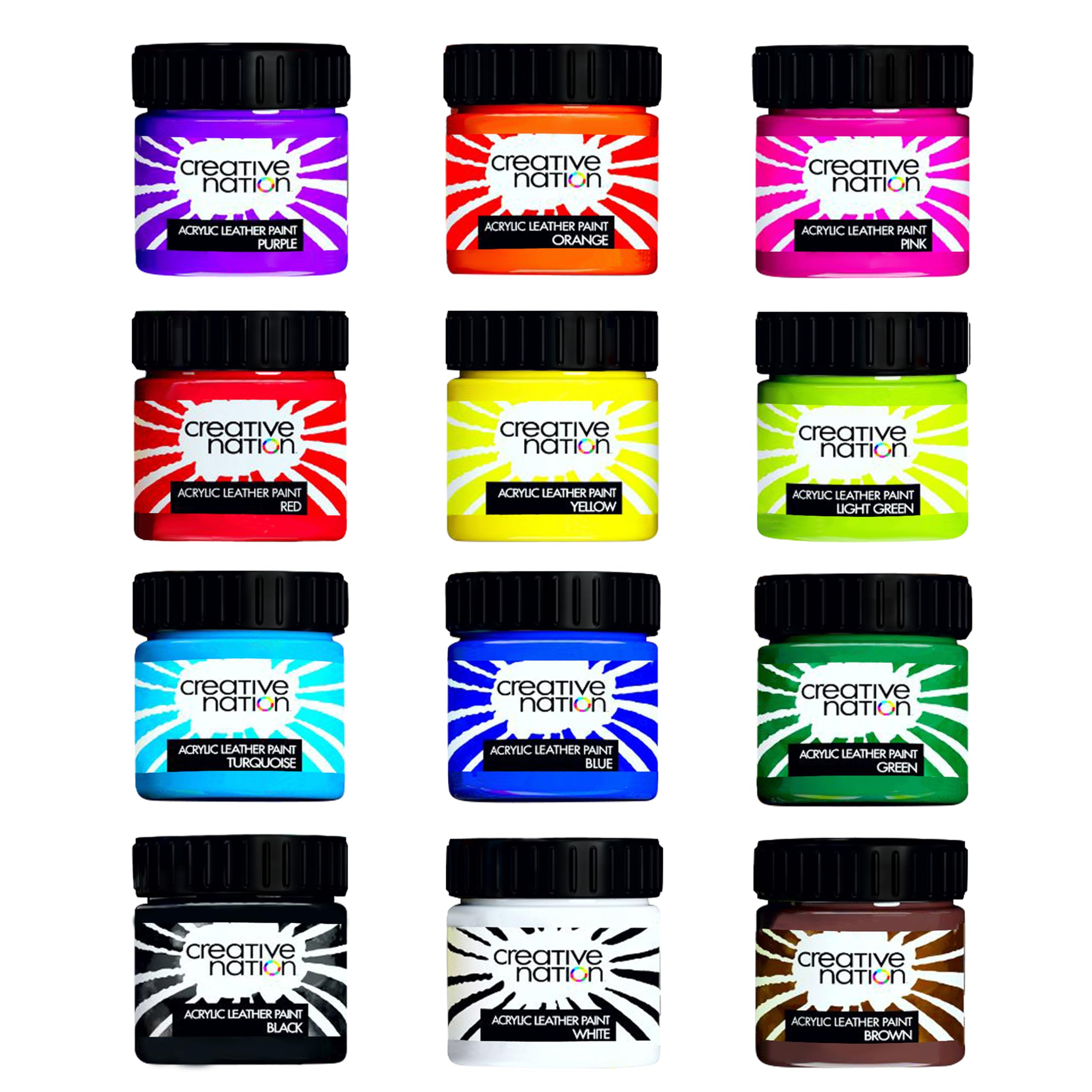 Creative Nation 12-Pack Leather Paint for Sneakers & Leather Accessories - Premium Acrylic Shoe Paint Kit for Bags, Purses & More - Waterproof, Flexible, Long-Lasting Paints, 0.95 Oz.