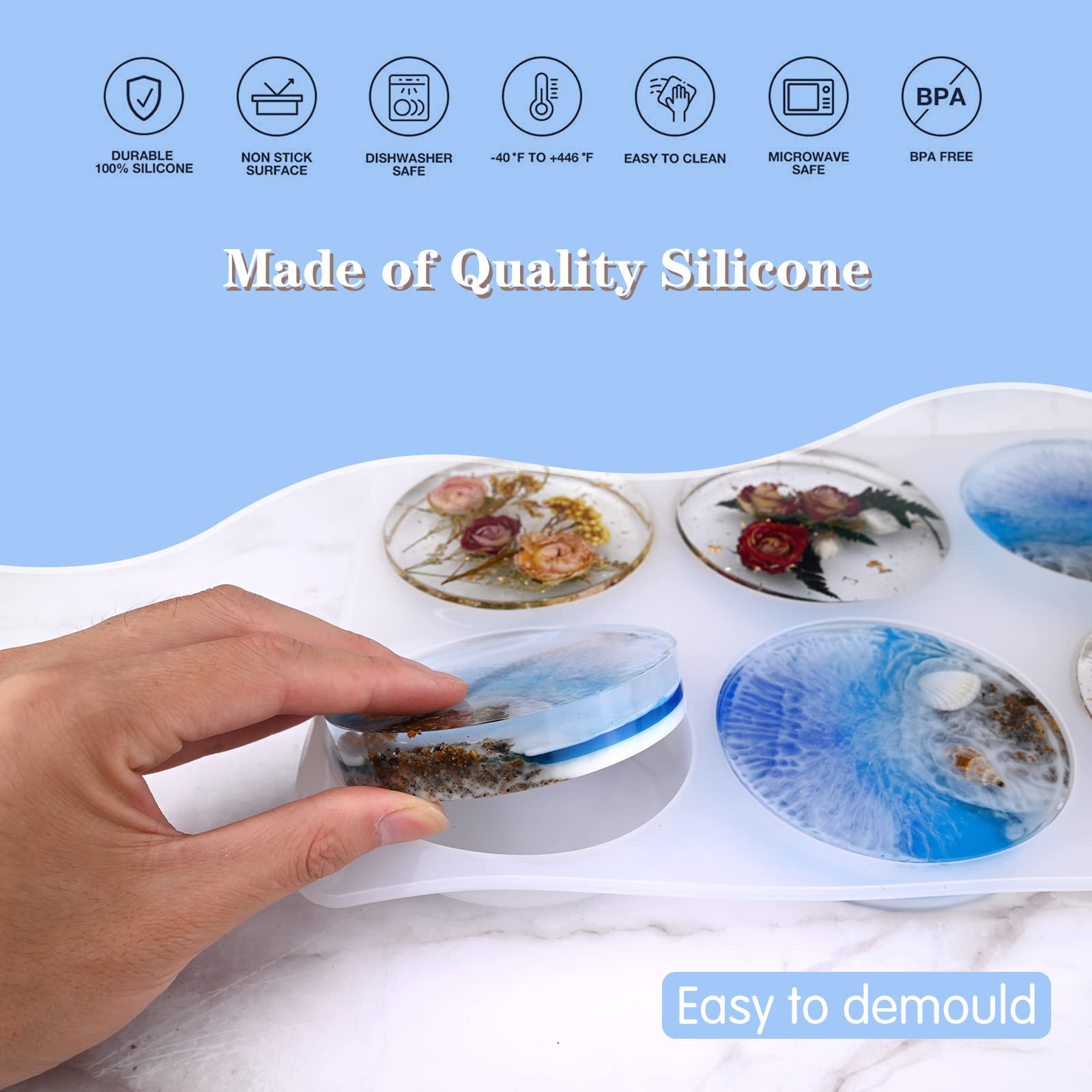 Resin Coaster Molds 6-Cavity Thick Round Coaster Silicone Molds for Resin Casting, Large Coaster Molds for Epoxy Resin DIY Custom Coasters Resin Art Gifts Home Decoration