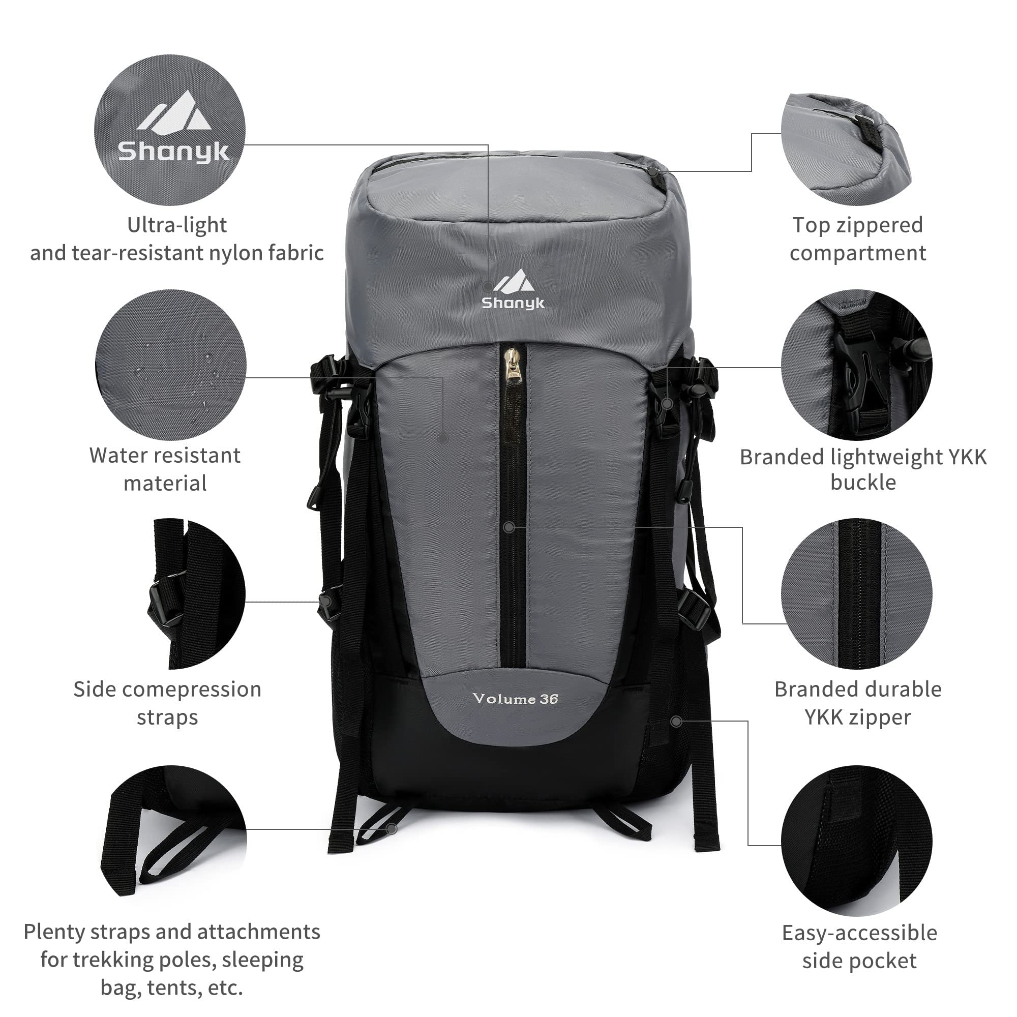 Shanyk Waterproof Hiking Backpack 36L | Lightweight Daypack with Rain Cover for Travel Outdoor Sports Camping Backpacking (Grey)