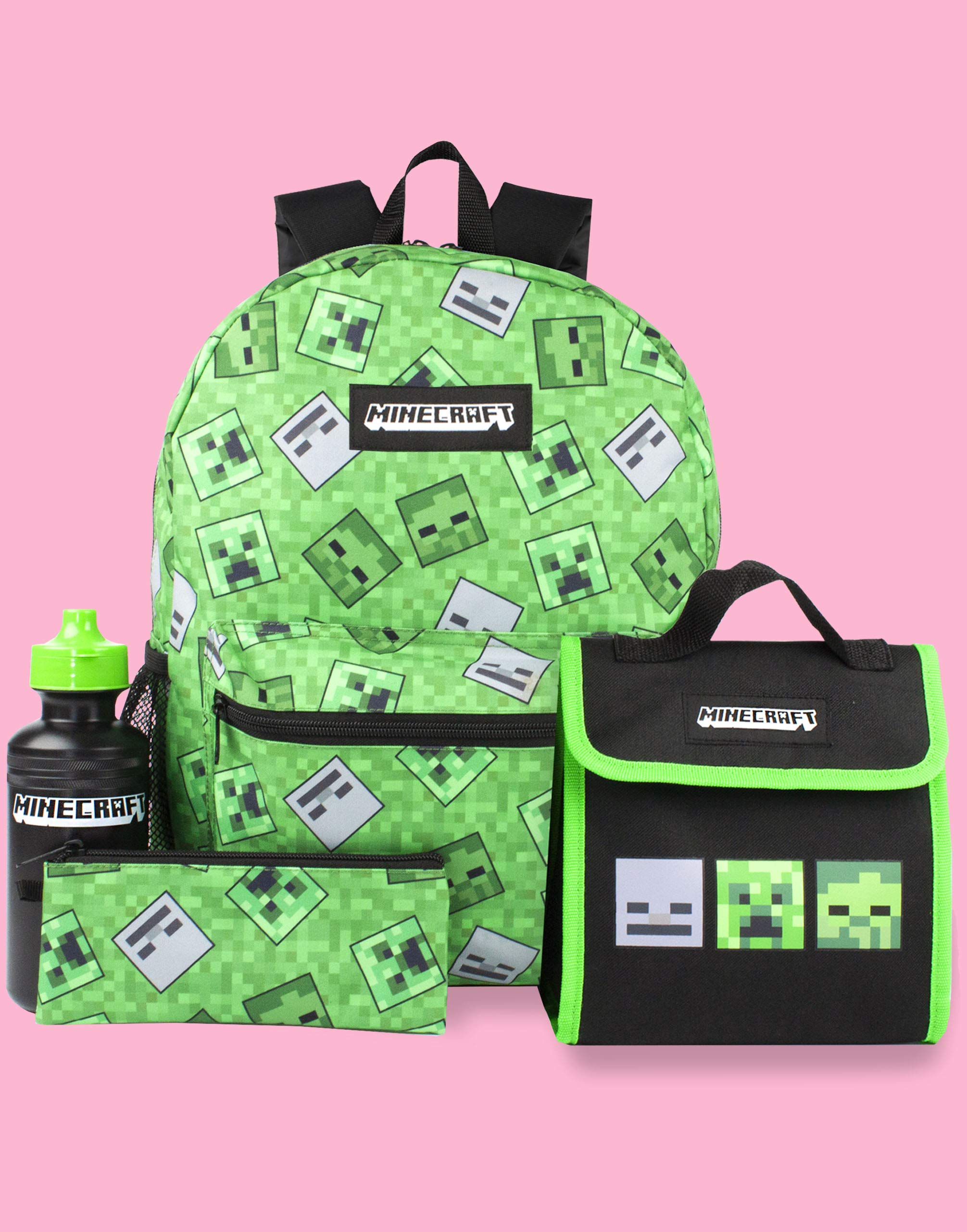 Minecraft Backpack Creeper 4 Piece Kids Green School Rucksack Set