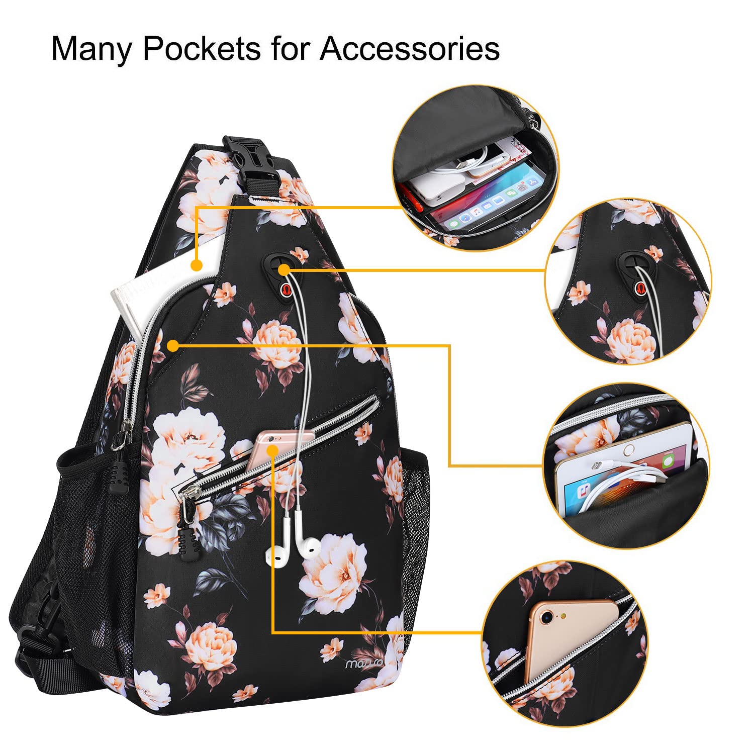 MOSISO Sling Backpack, Multipurpose Travel Hiking Daypack Camellia Rope Crossbody Shoulder Bag, Black