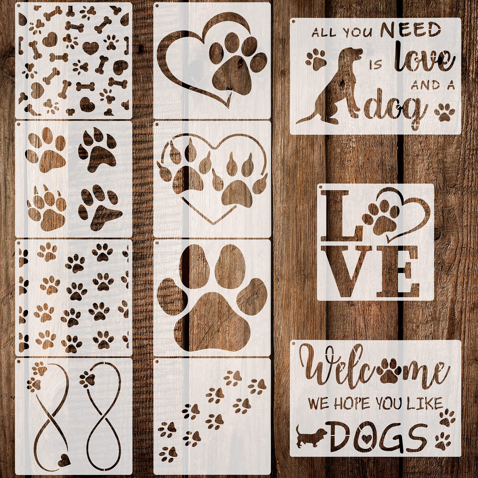 11 Pieces Dog Paw Print Stencils Trail of Paw Prints Stencil Love Dog Stencils Reusable Painting Templates with Metal Open Ring for DIY Scrapbooks Painting on Wood Wall Home Supplies