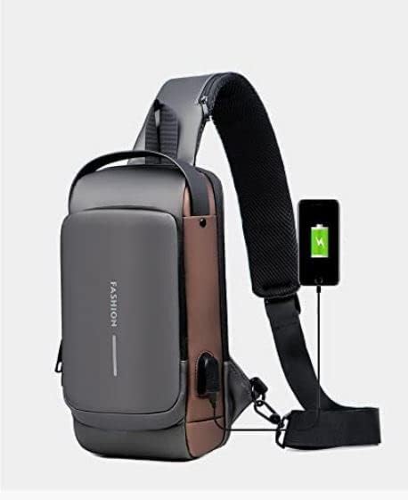 Anti theft Crossbody Sling Bag ,Waterproof Chest Daypack with USB Charging, Shoulder Backpack for Men Women (Brown and Gray)