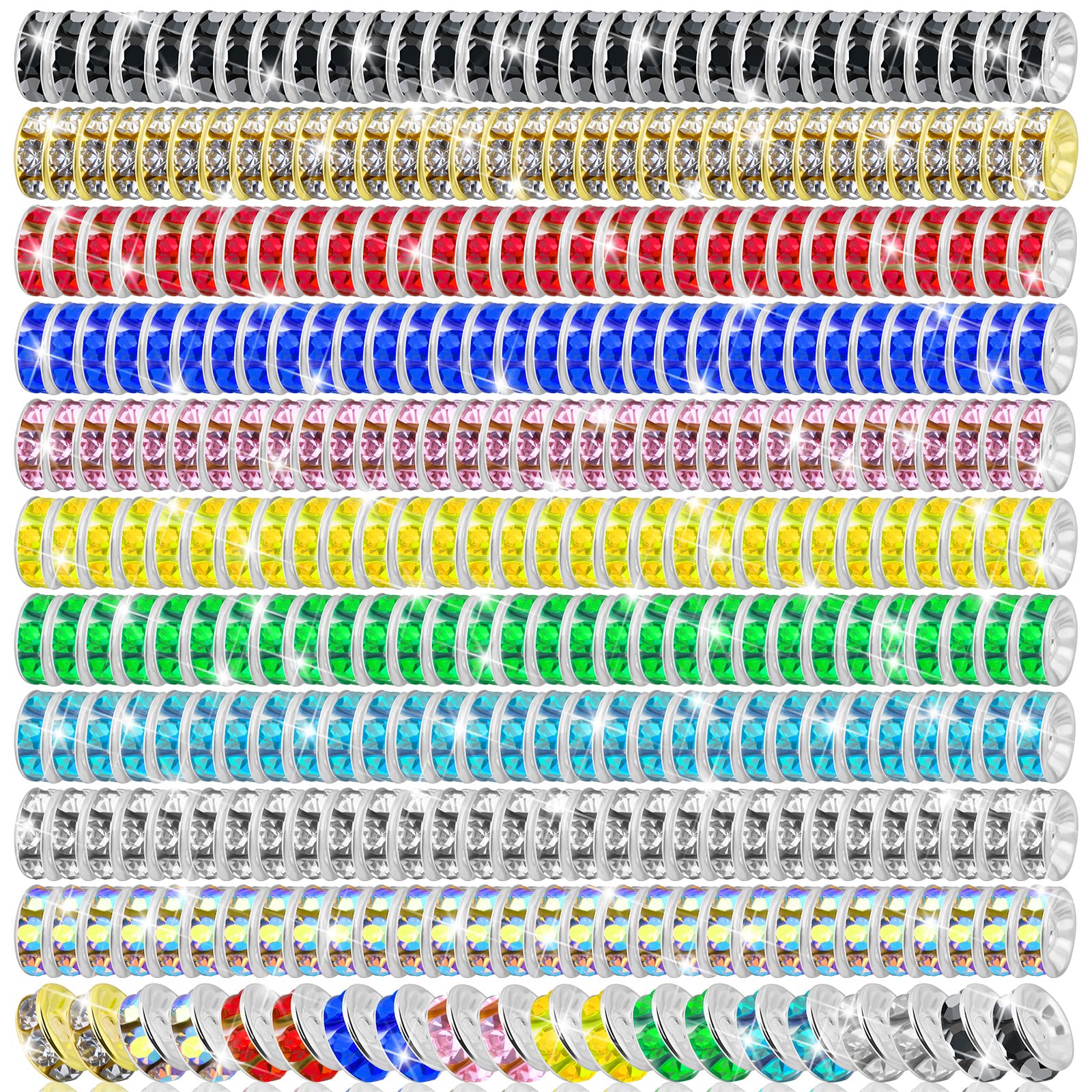 1200 PCS Rondelle Spacer Beads for Jewelry Making, Cludoo 8mm Rhinestone Spacer Beads, 10 Colors Crystal Beads Jewelry Bead Supply for DIY Jewellery Making Necklaces Bracelet Decorative Craft