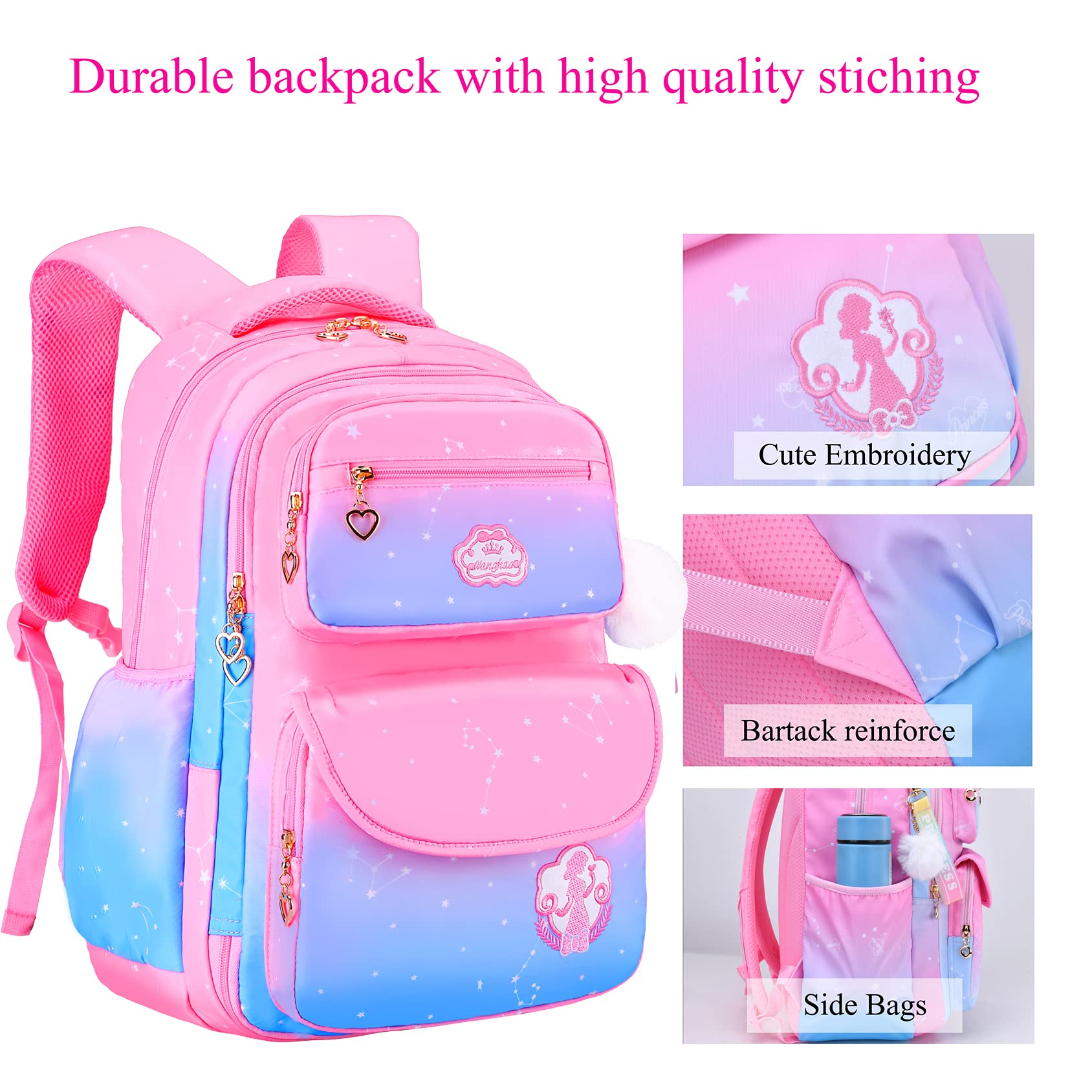 Backpack for Girls, Waterproof Kids Backpacks Princess School Bag Pink Bookbags Cute Travel Daypack