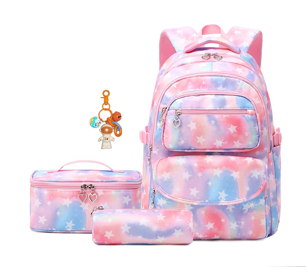 Kids Backpack with Lunch Box, Backpack for Girls, Lightweight Elementary Bookbags Middle-School Backpacks Set, Cute Star-print Schoolbag
