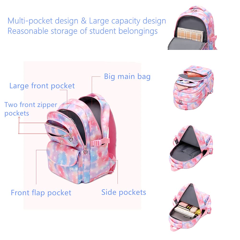 Kids Backpack with Lunch Box, Backpack for Girls, Lightweight Elementary Bookbags Middle-School Backpacks Set, Cute Star-print Schoolbag
