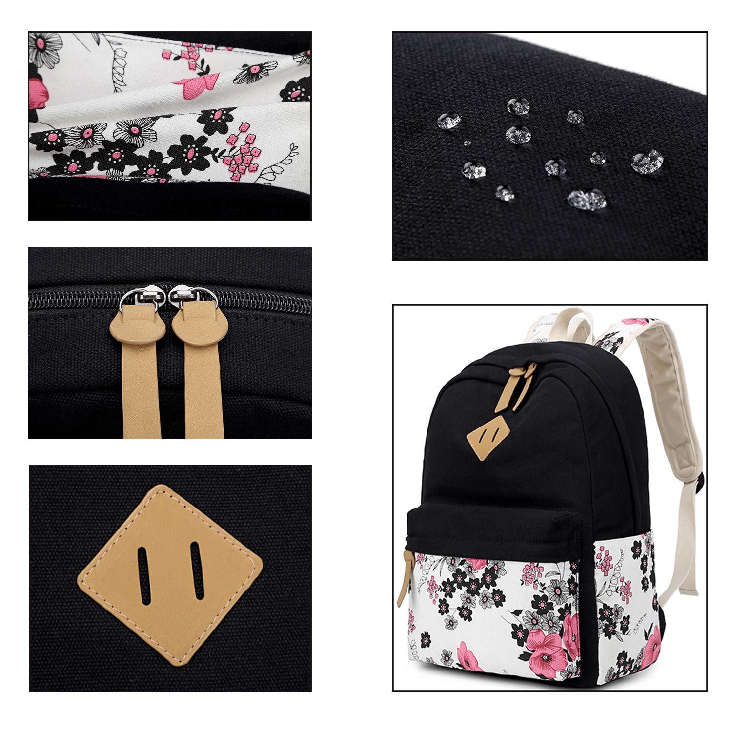 Abshoo Lightweight Canvas Floral Backpacks for Teen Girls School Backpack with Lunch Bag (DG20 Black)