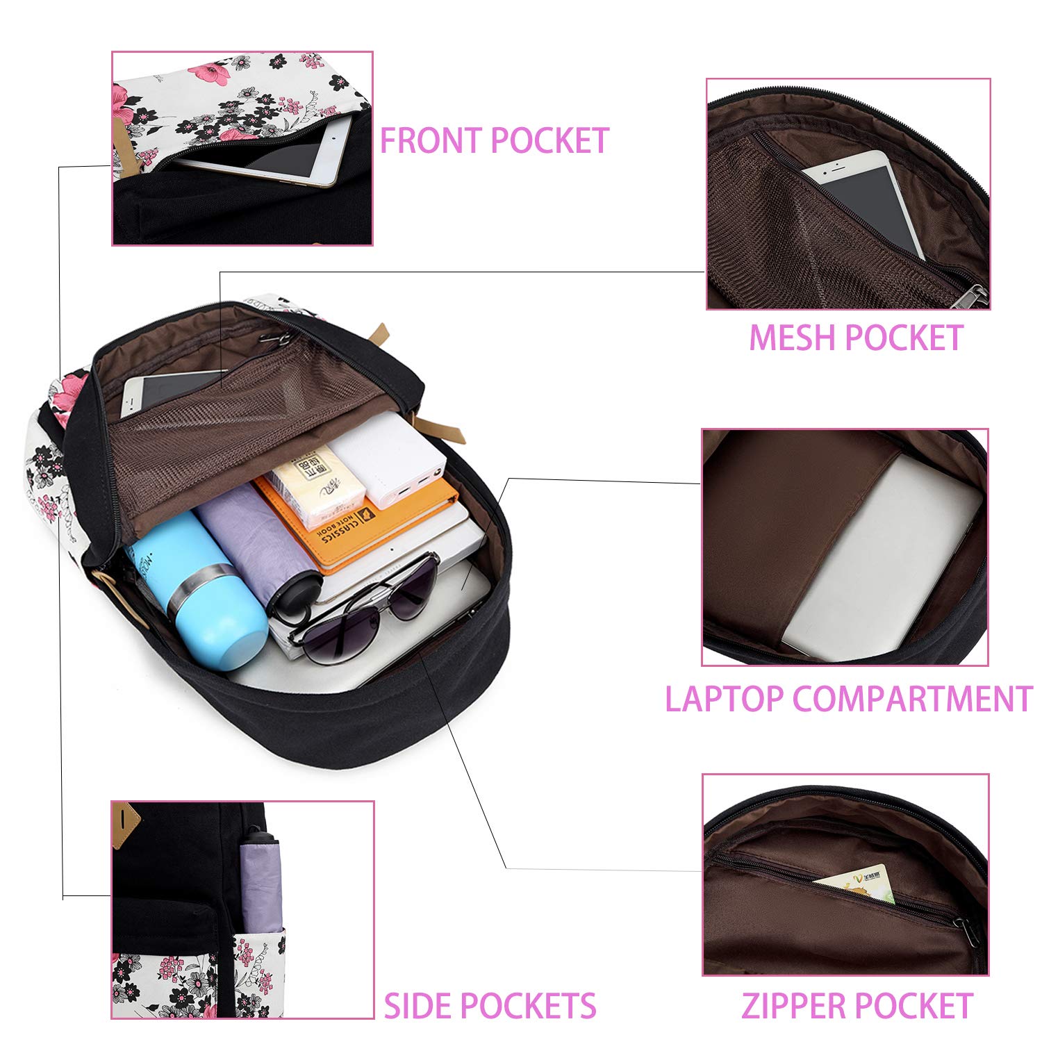 Abshoo Lightweight Canvas Floral Backpacks for Teen Girls School Backpack with Lunch Bag (DG20 Black)