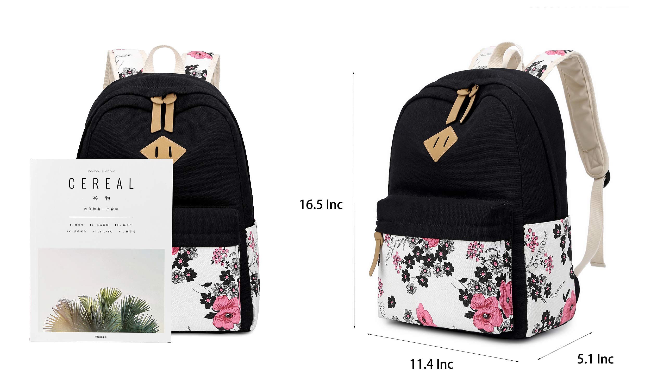 Abshoo Lightweight Canvas Floral Backpacks for Teen Girls School Backpack with Lunch Bag (DG20 Black)