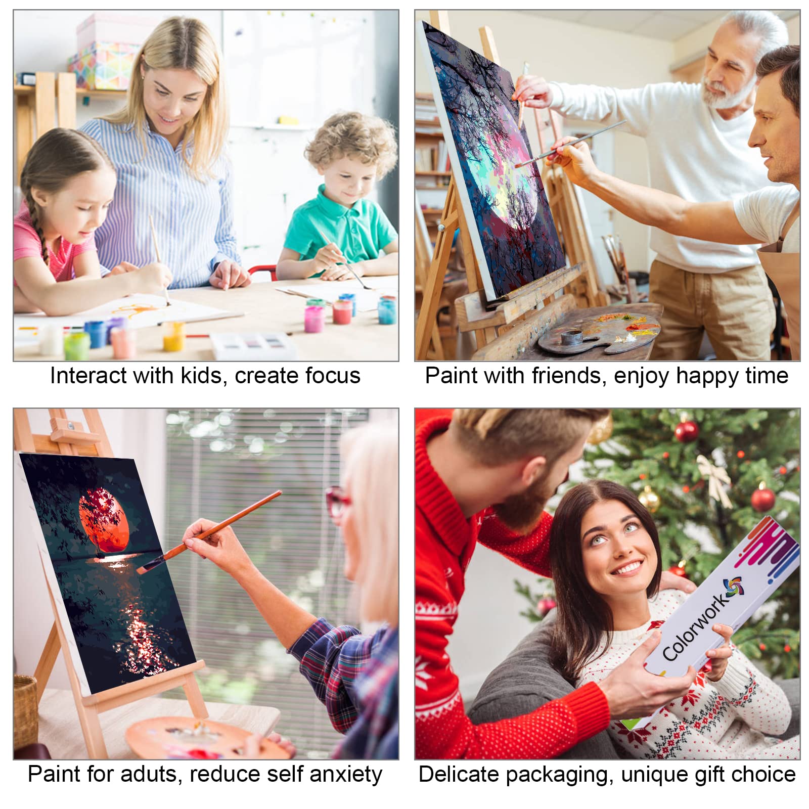 COLORWORK DIY Paint by Numbers, Canvas Oil Painting Kit for Kids & Adults, 12" W x 16" L Drawing Paintwork with Paintbrushes, Full Moon 4 PCS Set