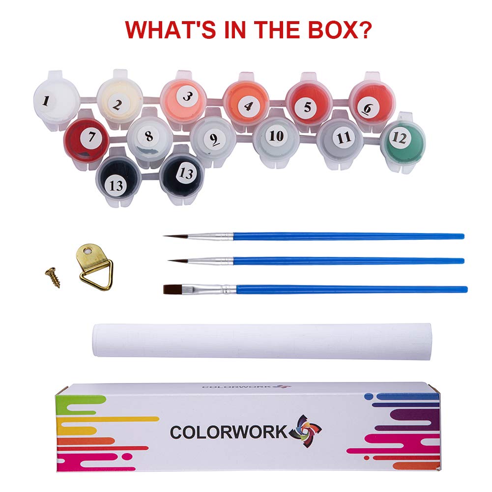 COLORWORK DIY Paint by Numbers, Canvas Oil Painting Kit for Kids & Adults, 12" W x 16" L Drawing Paintwork with Paintbrushes, Full Moon 4 PCS Set