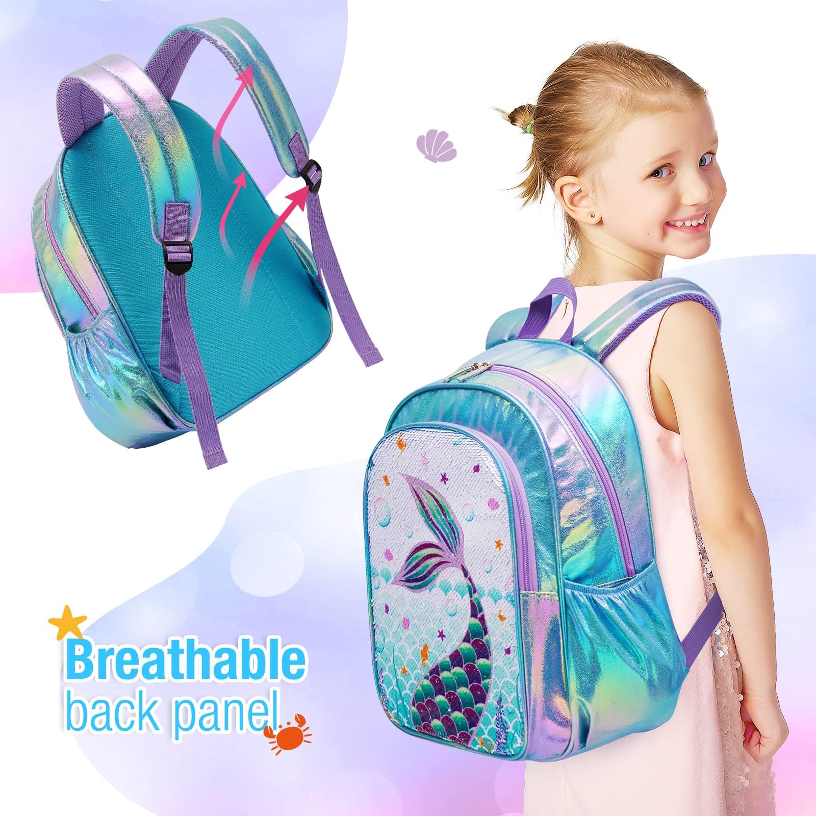 WAWSAM Sequin Mermaid Kids Backpack - Sparkly School Backpack for Girls Toddler Preschool Kindergarten Elementary 15" Hiking Travel Casual Blue Book Bag