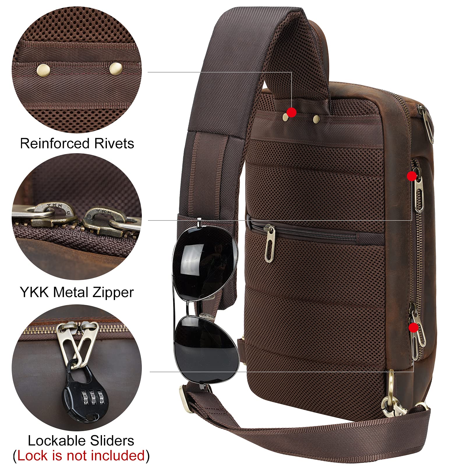 Full Grain Leather Sling Bag for Men Small Tablet Backpack Fits 10 Inch Tablet Mini Hiking Crossbody Shoulder Chest Bags