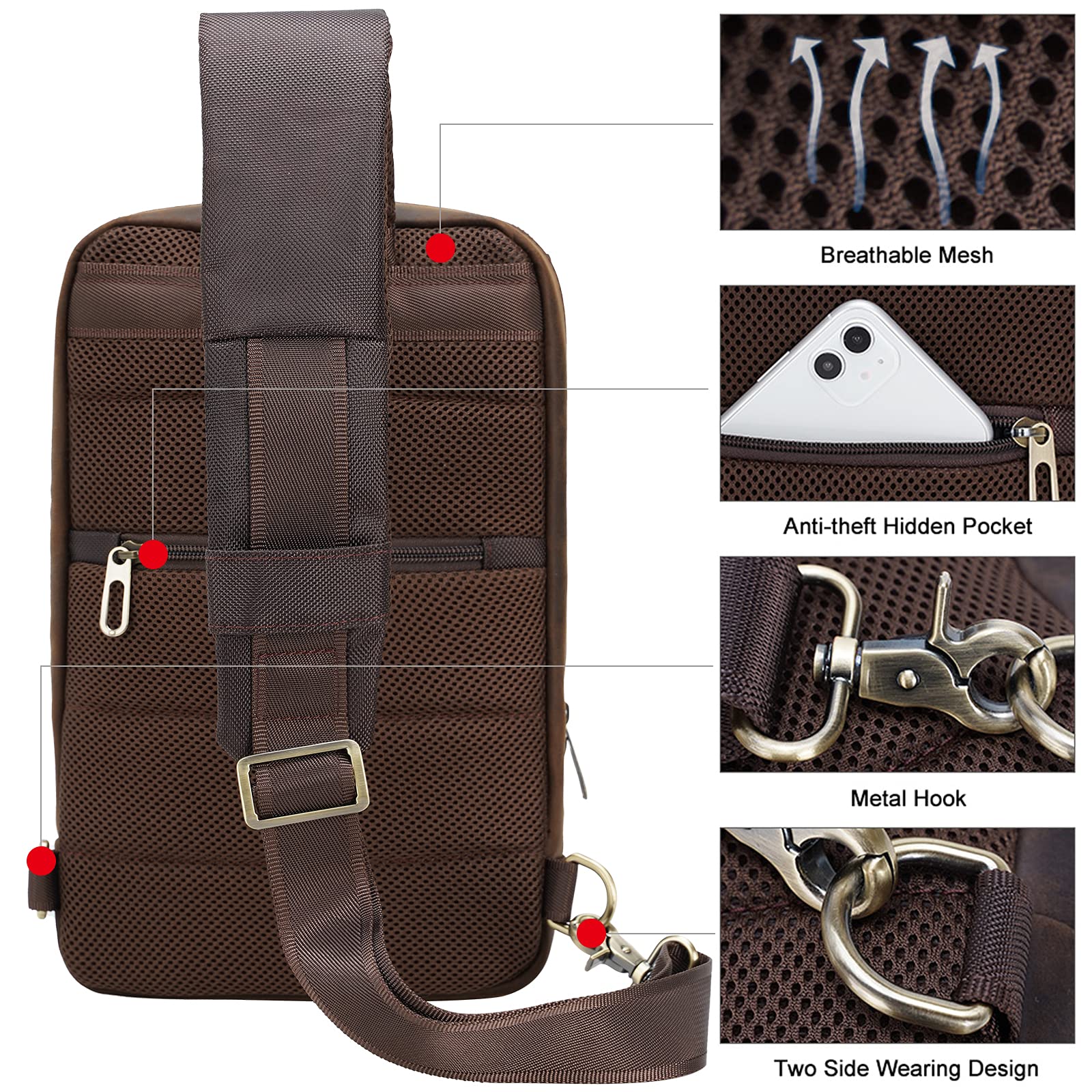 Full Grain Leather Sling Bag for Men Small Tablet Backpack Fits 10 Inch Tablet Mini Hiking Crossbody Shoulder Chest Bags