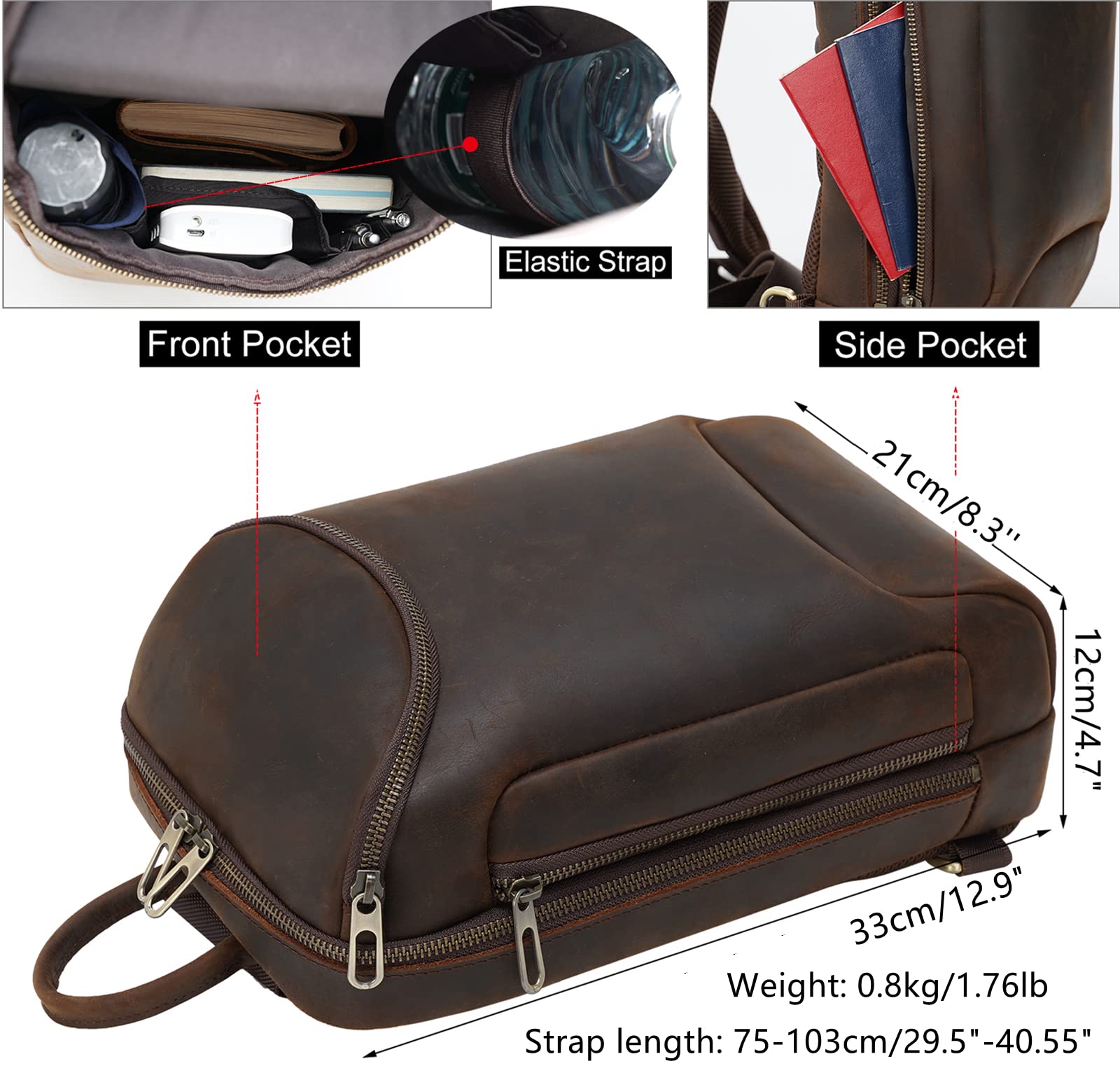 Full Grain Leather Sling Bag for Men Small Tablet Backpack Fits 10 Inch Tablet Mini Hiking Crossbody Shoulder Chest Bags