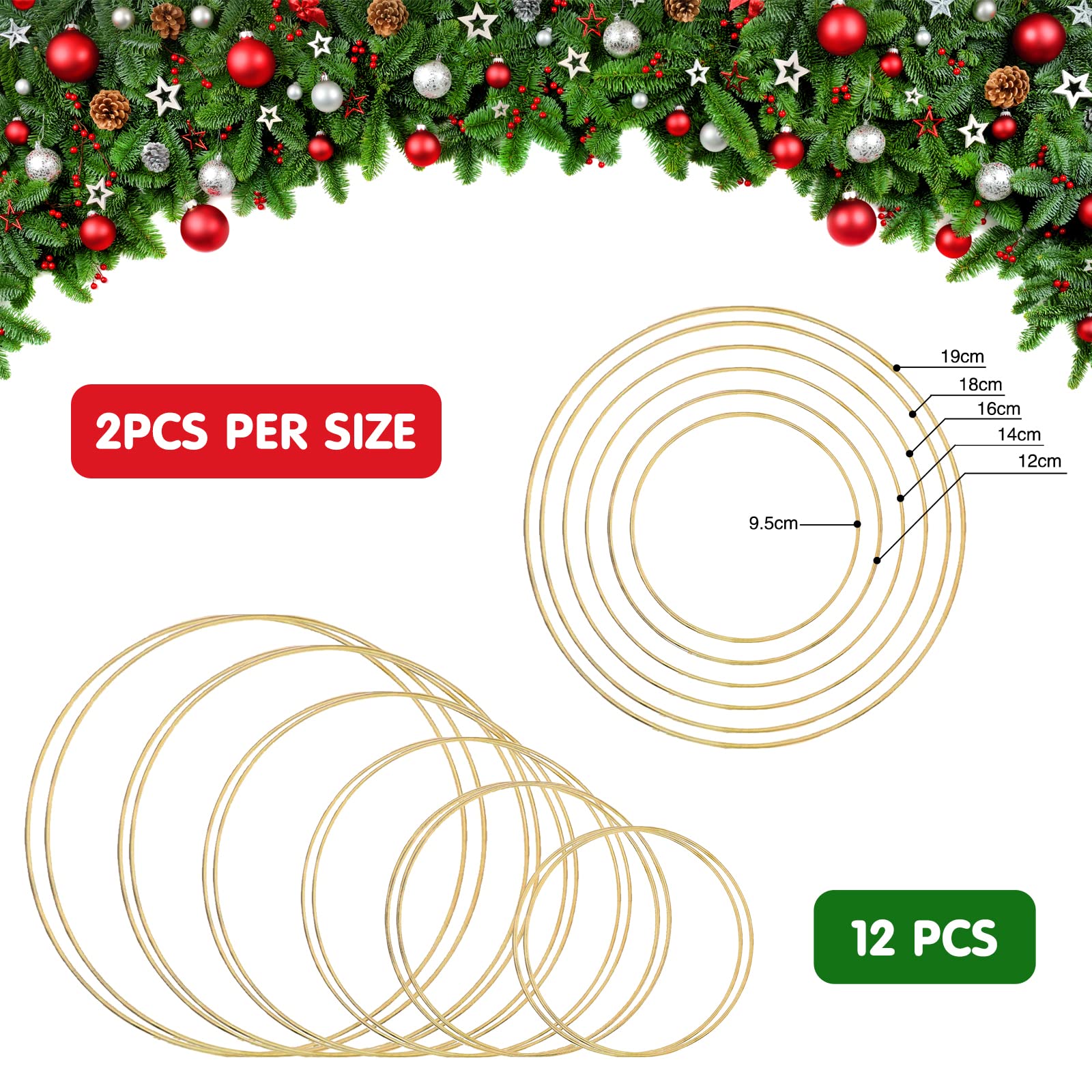 Outuxed 12pcs Dream Catcher Rings Gold Metal Hoops Craft Hoops Macrame Creations Rings Supplies for Crafts, 6 Sizes