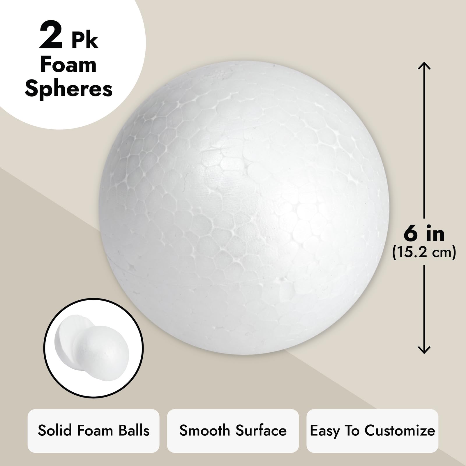 Juvale 2 Pack Foam Balls for Crafts, 6-Inch Round White Polystyrene Spheres for DIY Projects, Ornaments, School Modeling, Drawing