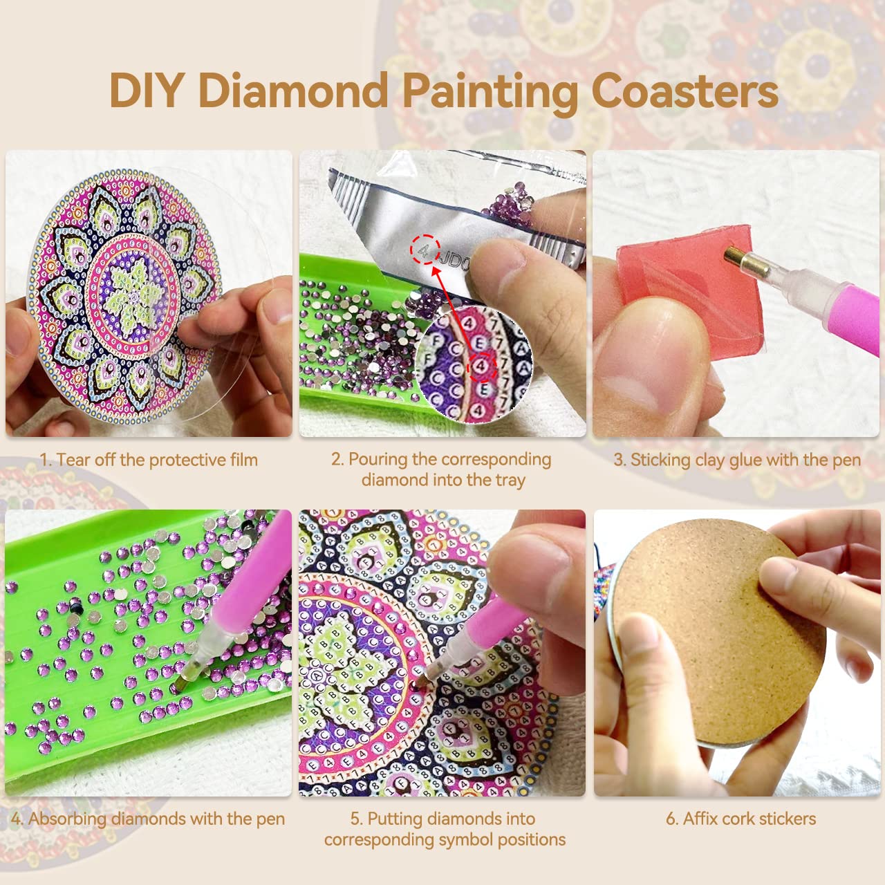 Diamond Painting Coasters, 6 Pcs Mandala Diamond Painting Coasters with Holder, Diamond Art Kits for DIY Coasters, 5D Diamond Painting Kits for Adults and Kids