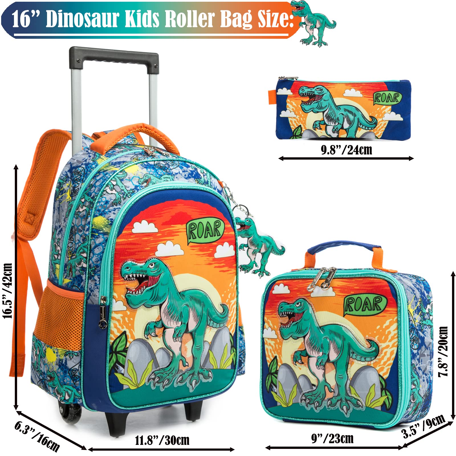 Egchescebo School Bags Kids Rolling Dinosaur Backpack for Boys Luggage Suitcase With Wheels Trolley Wheeled Backpacks Travel Bags 3PCS Boys Backpack With Lunch Green