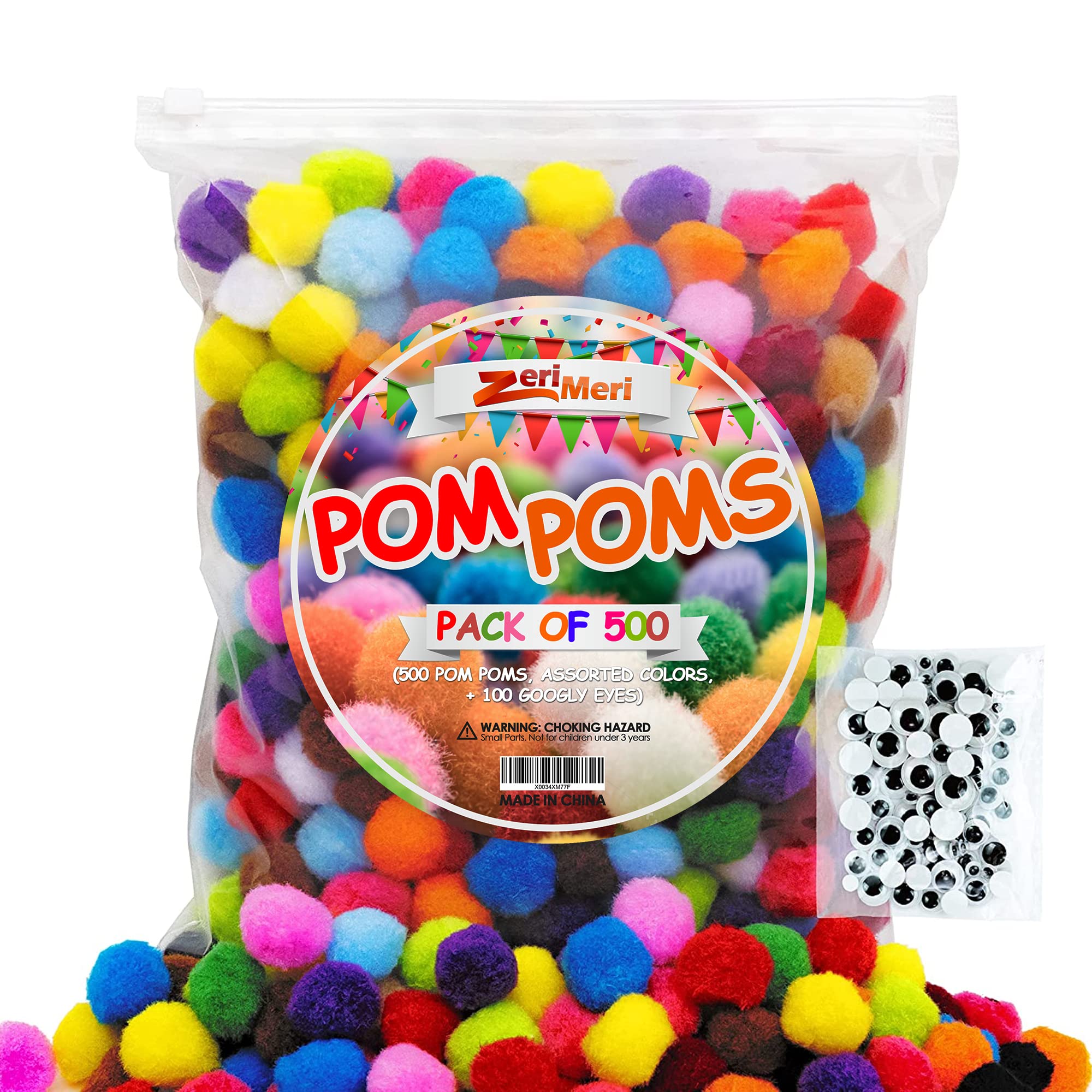 Zerimeri [600 pcs] Pom Poms Arts and Crafts - 500 1 inch Polypropylene Rainbow Pompoms with 100 Google Eyes for Craft - Child & Pet-Friendly Pom Pom Balls for Crafts