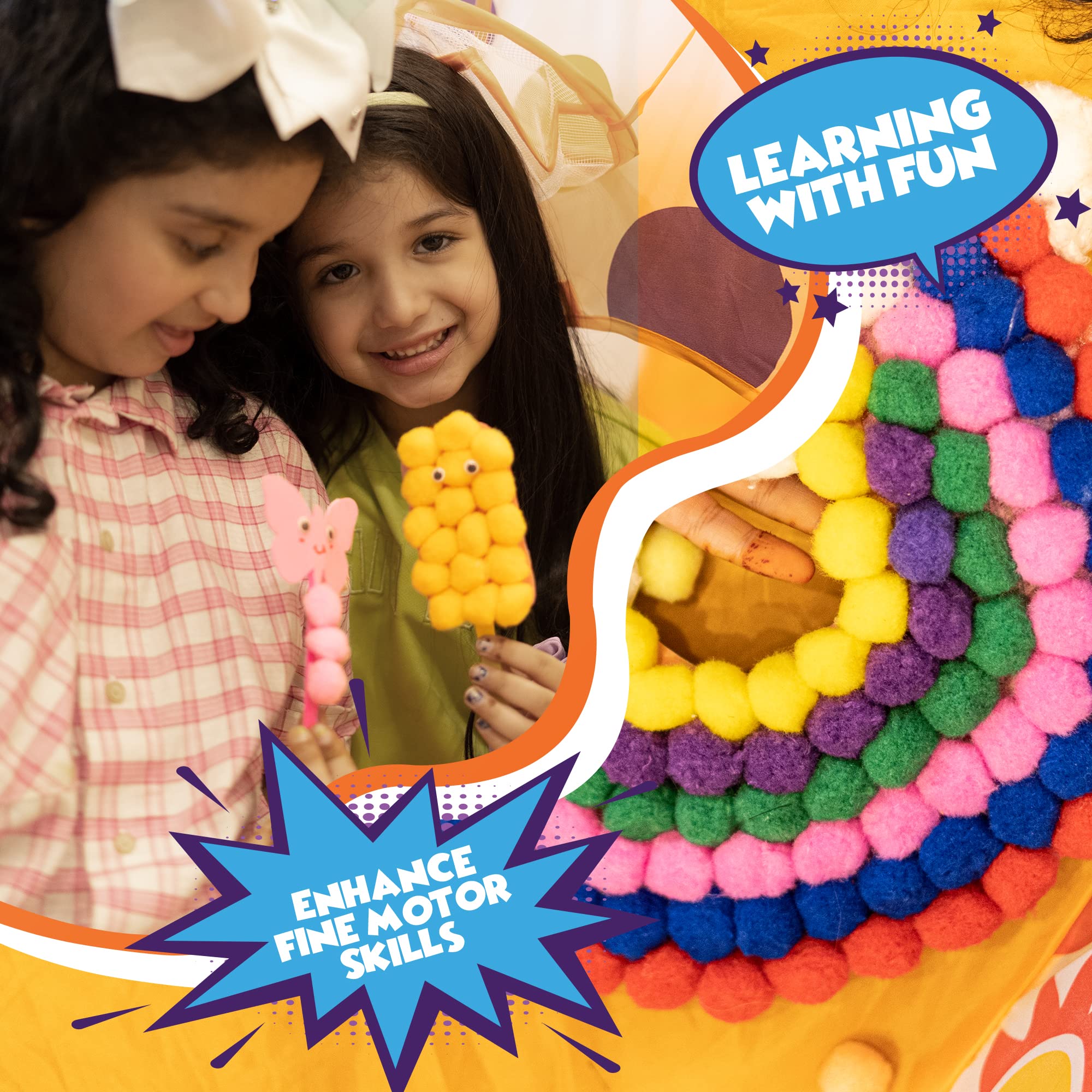 Zerimeri [600 pcs] Pom Poms Arts and Crafts - 500 1 inch Polypropylene Rainbow Pompoms with 100 Google Eyes for Craft - Child & Pet-Friendly Pom Pom Balls for Crafts