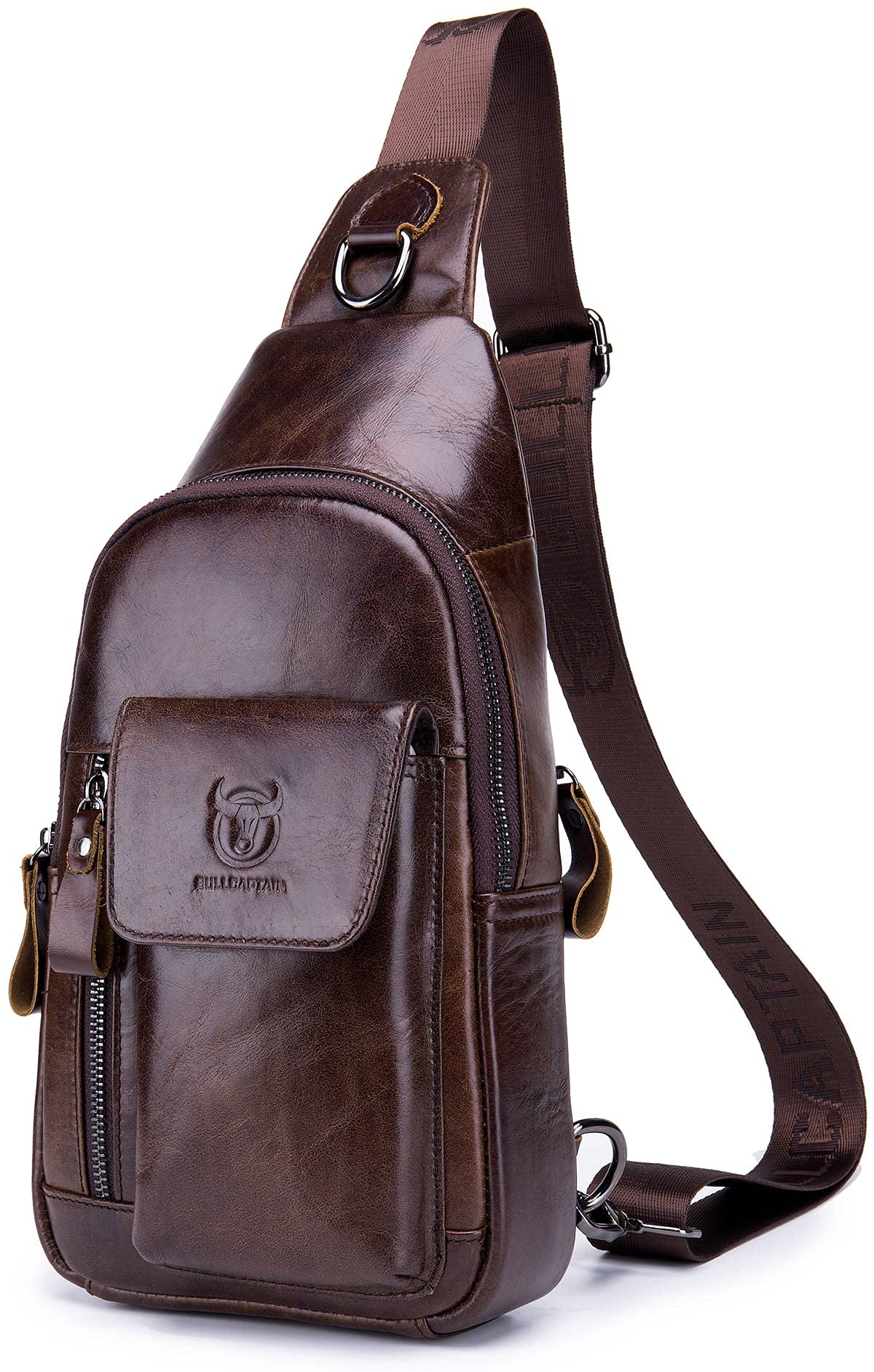 BULLCAPTAIN Genuine Leather Sling Bag for Men Leather Casual Crossbody Shoulder Backpack Travel Hiking Vintage Chest Bags Mens Daypacks (Coffee)