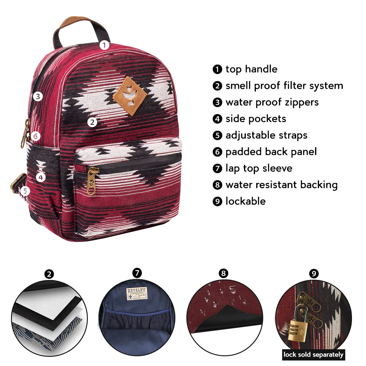 Revelry Shorty Smell Proof Small Backpack Lockable Water-Resistant with Carbon Filter System - 7.4 L (Maroon)