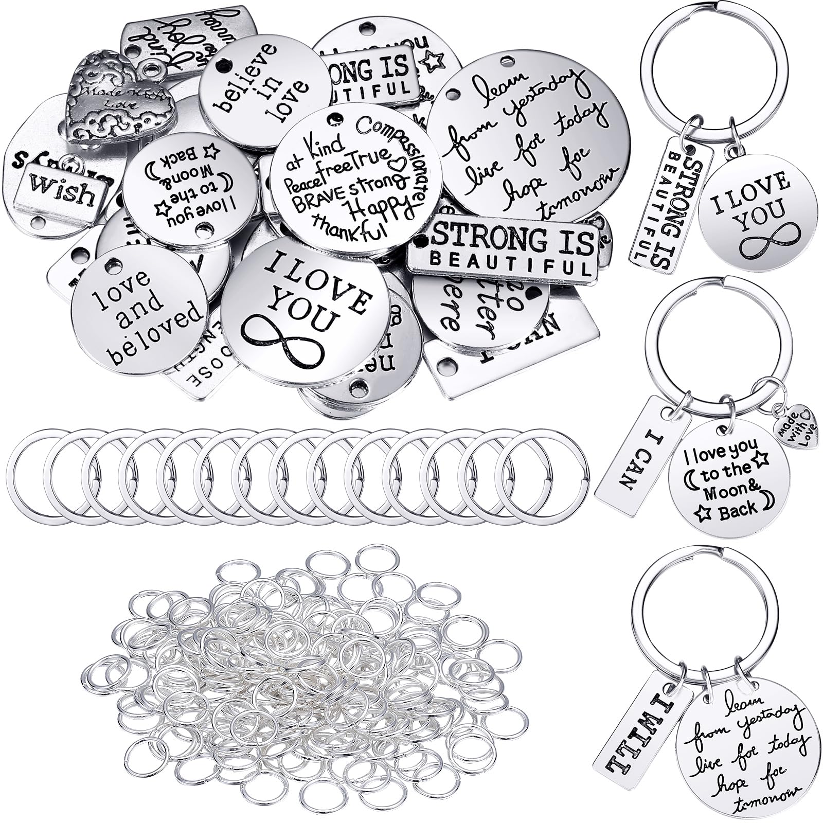 Hicarer 259 Pieces Inspirational Motivational Keychains Charms Bulk Keychains Inspirational Words Charms with Open Jump Rings Key Rings for Various DIY Necklaces, Bracelets