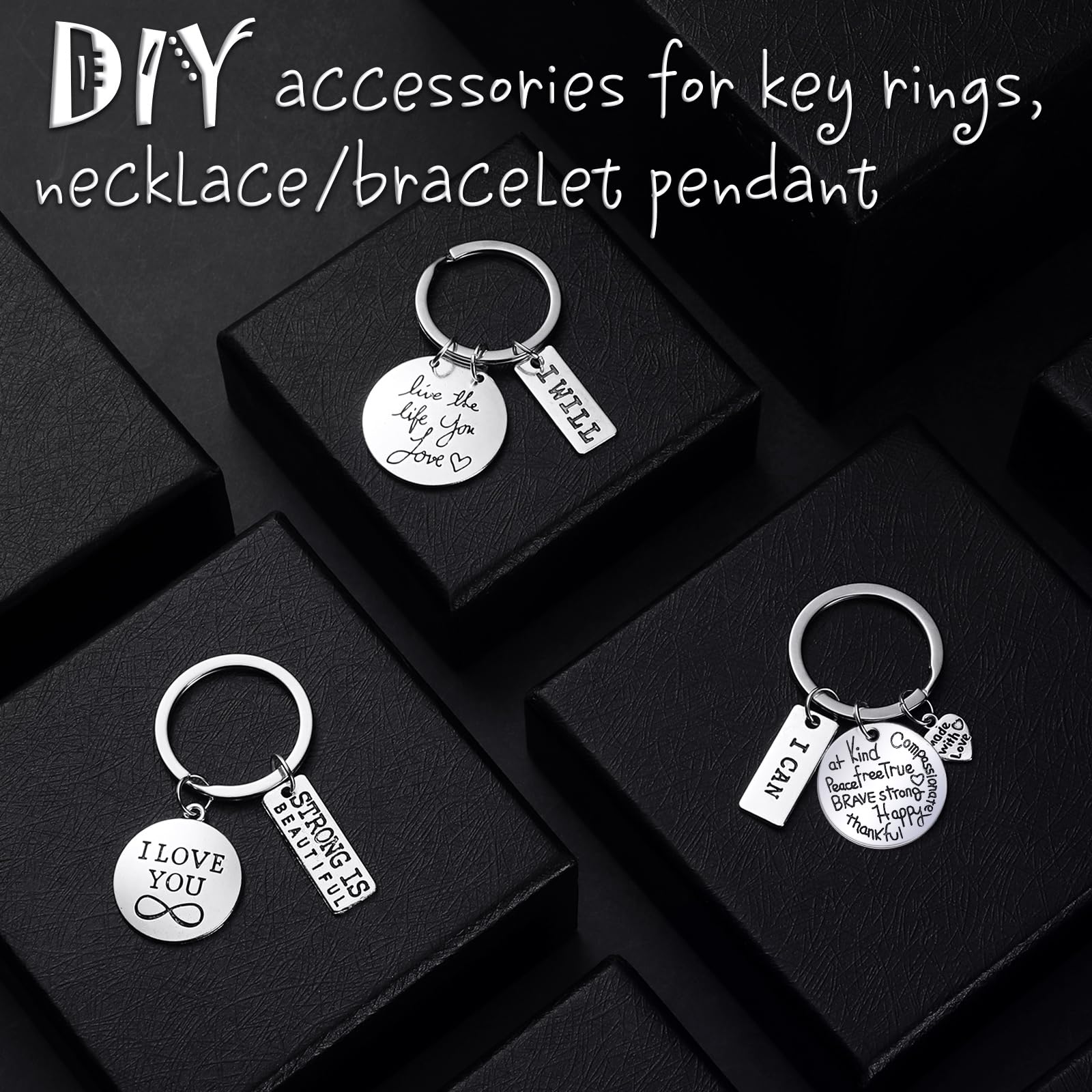Hicarer 259 Pieces Inspirational Motivational Keychains Charms Bulk Keychains Inspirational Words Charms with Open Jump Rings Key Rings for Various DIY Necklaces, Bracelets