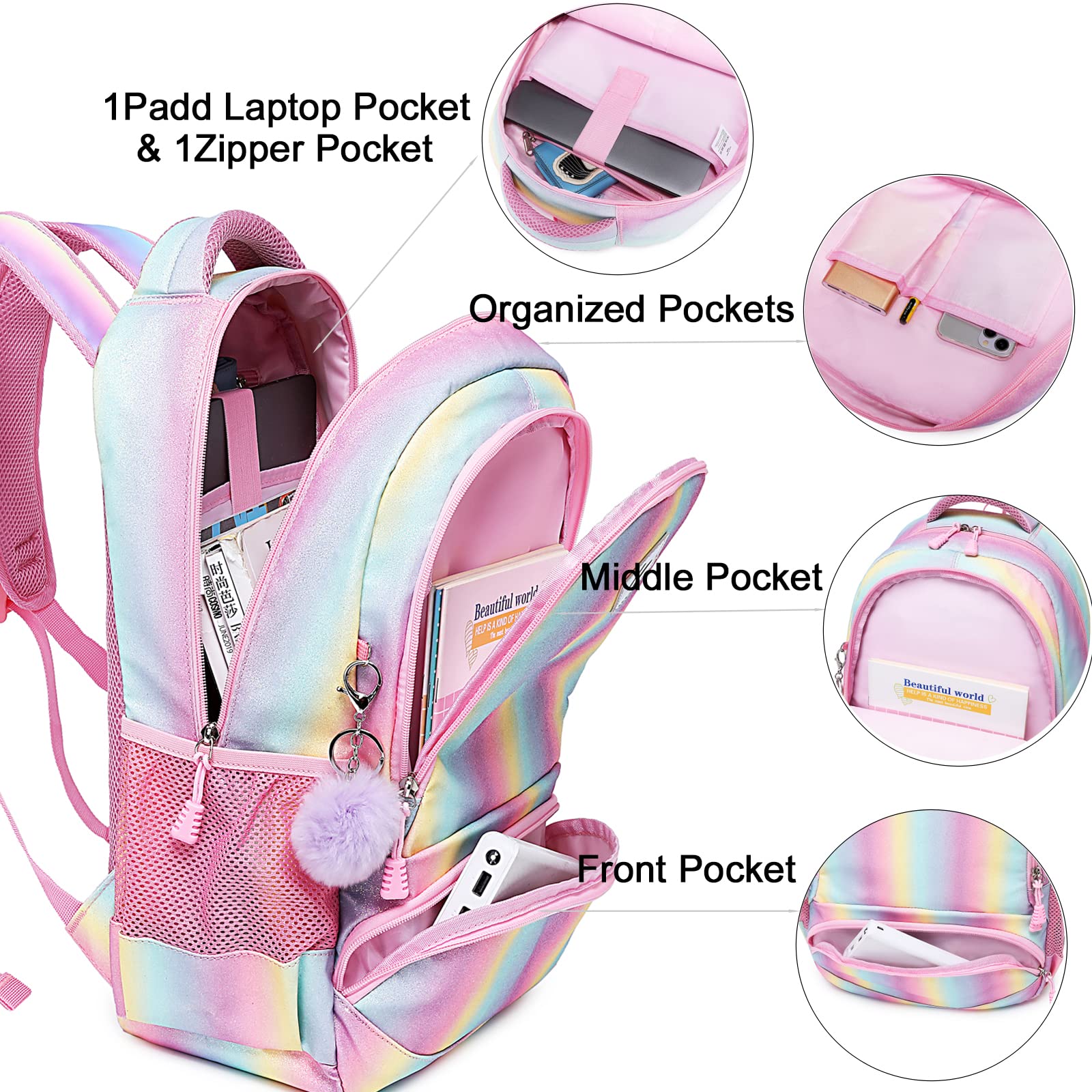 Meisohua Kids School Rainbow Glitter Backpack with Lunch Bag Girls Preschool Backpack 3 in 1 School Bag Set Daypack Bookbag (Bling Set)